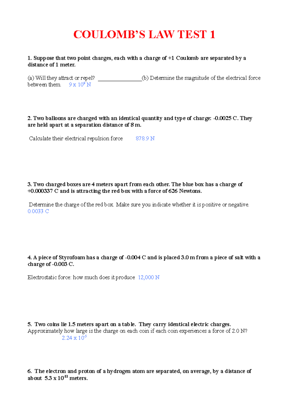 Coulomb’S LAW TEST 1 - Practice test for coulomb's law, studied in ...