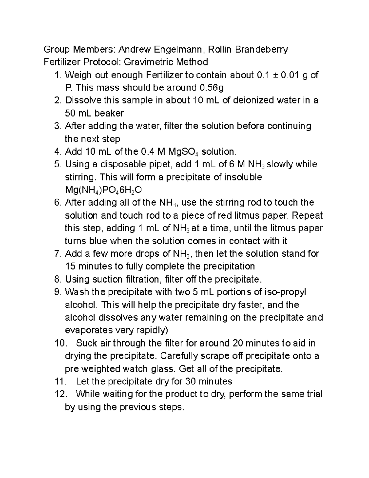 Fertilizer Project, Gravimetric method - Group Members: Andrew ...