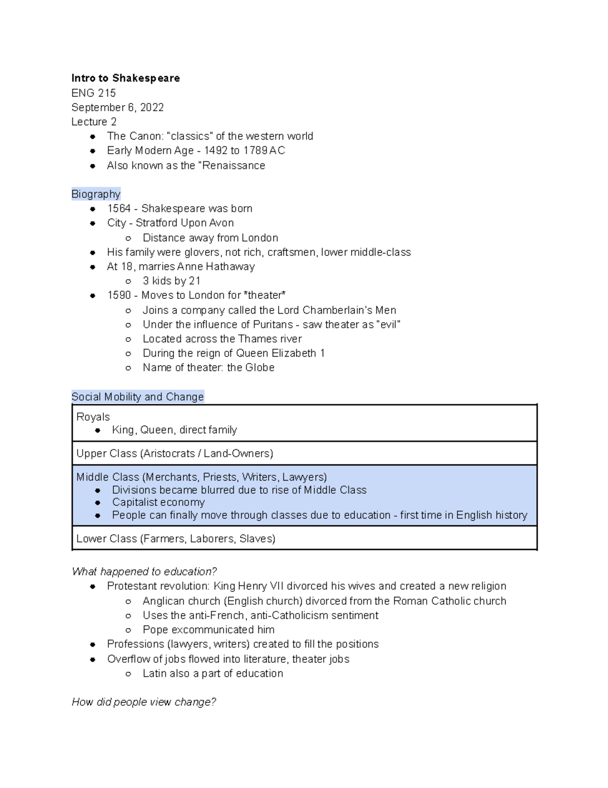 Intro to Shakespeare - Prof D'Itri - Intro to Shakespeare ENG 215 ...