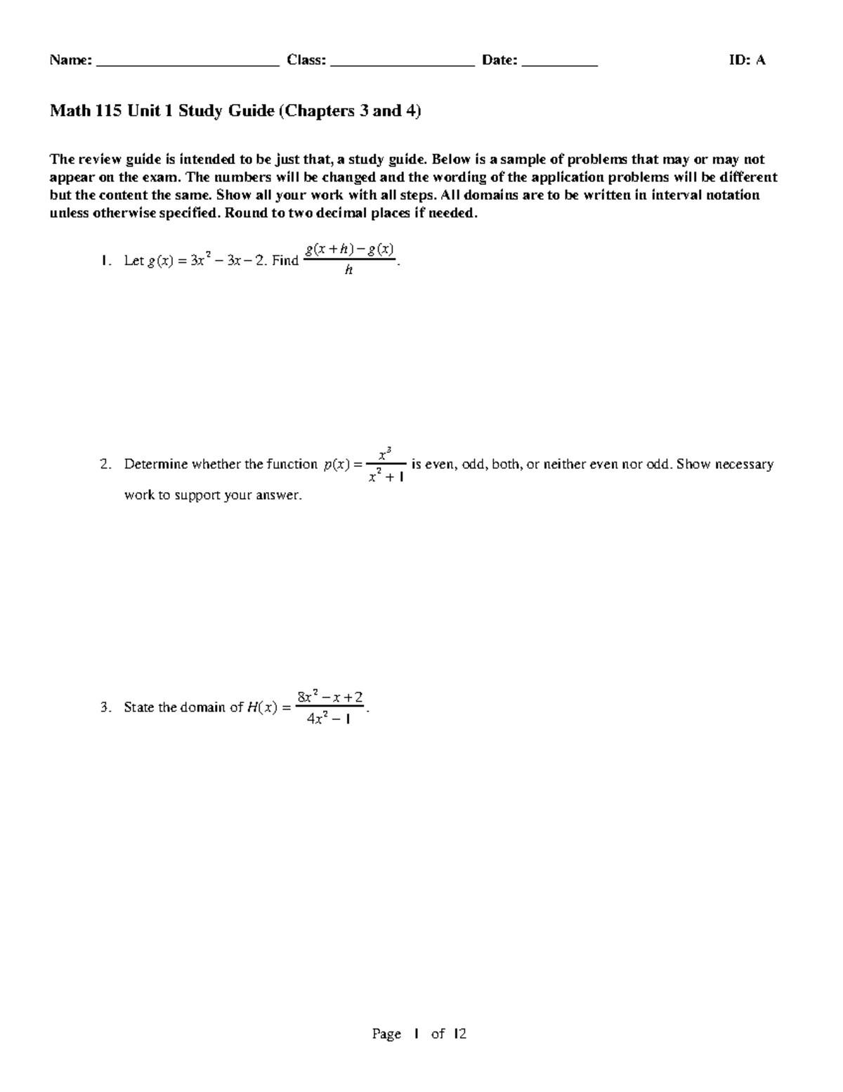 Math 115 Unit 1 Study Guide - Name: ________________________ Class ...