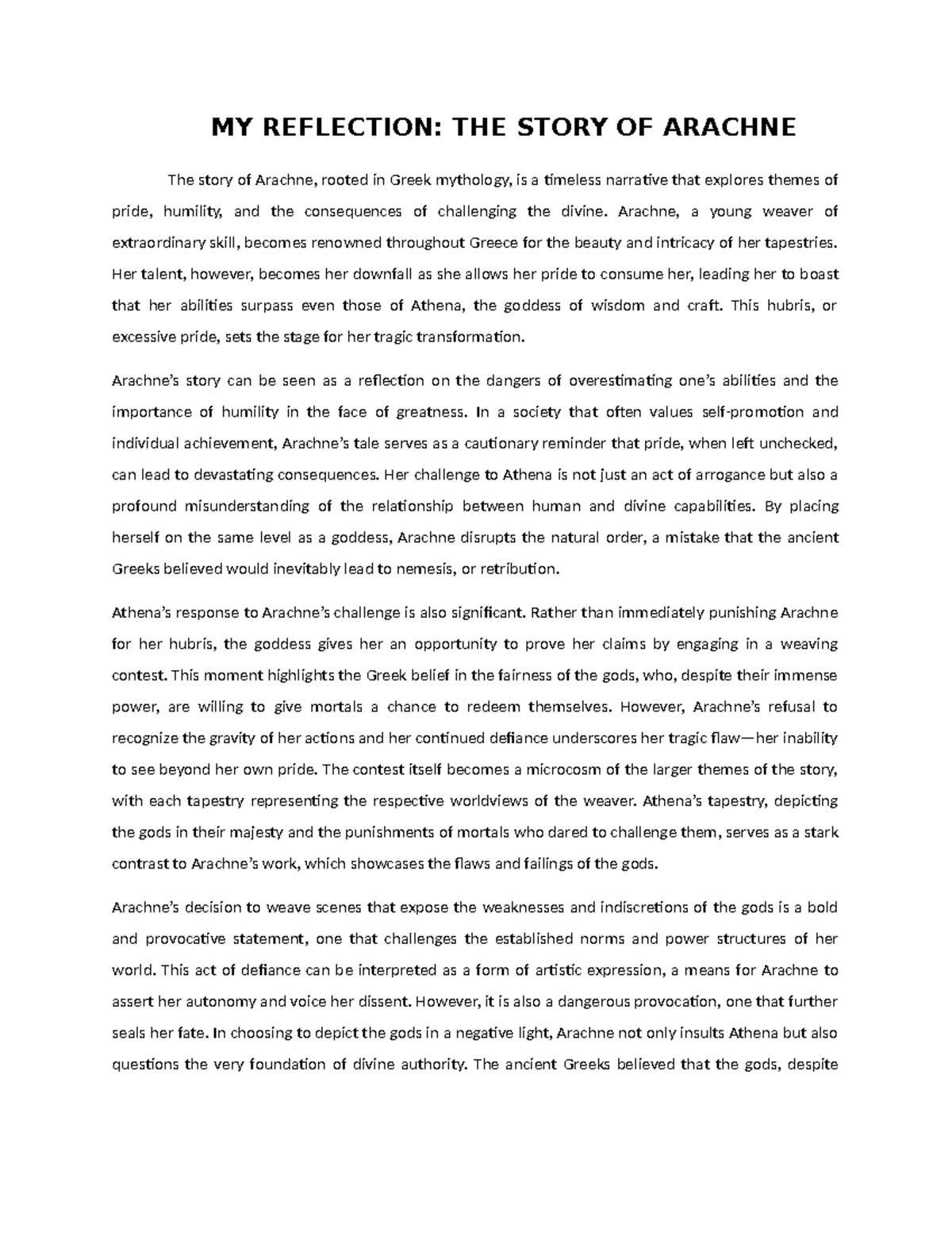 Reflection Paper - ARACHNE STORY - MY REFLECTION: THE STORY OF ARACHNE ...