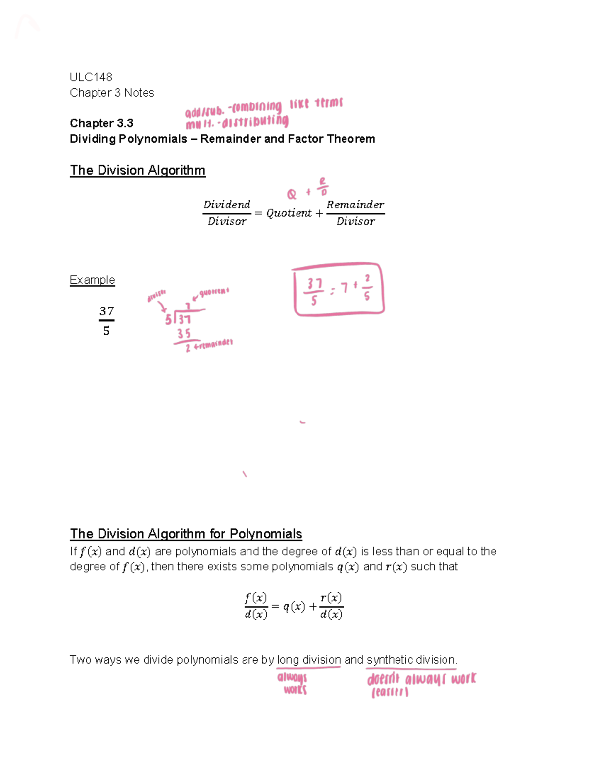 ULC148Ch3 - ch 3.3 notes - ULC Chapter 3 Notes Chapter 3. Dividing ...