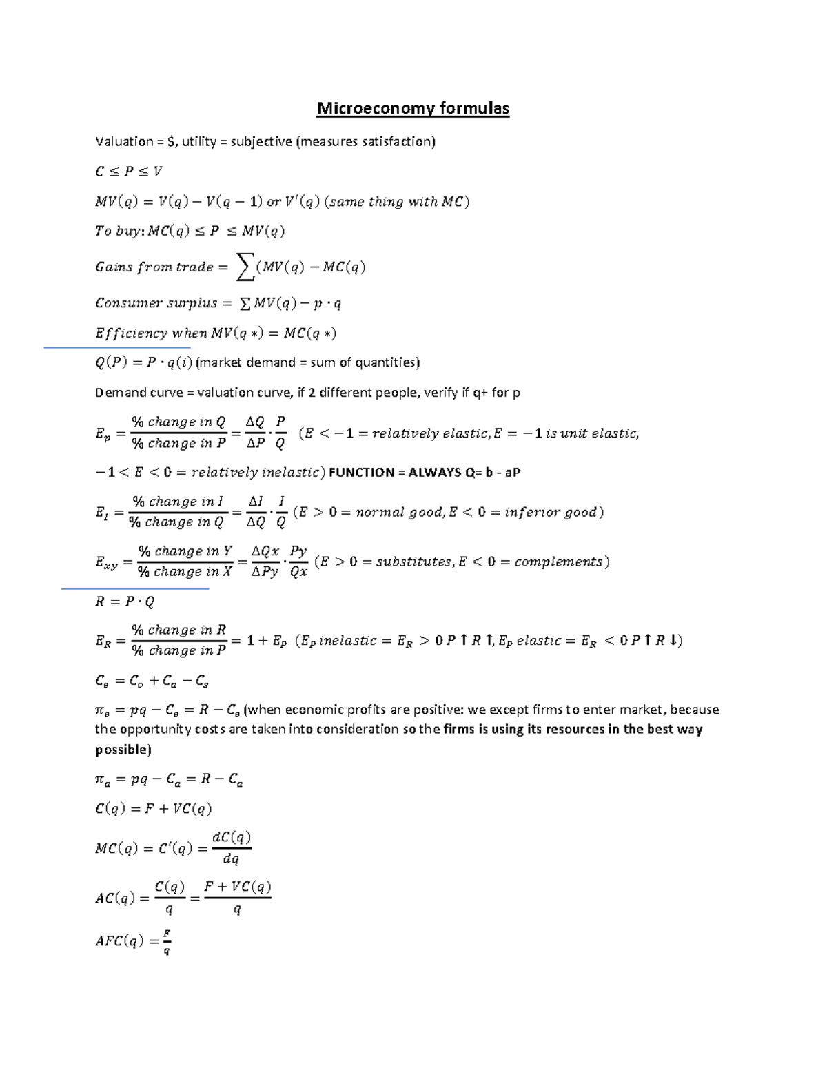 Formulas microeconomics - Microeconomy formulas Valuation = $, utility ...