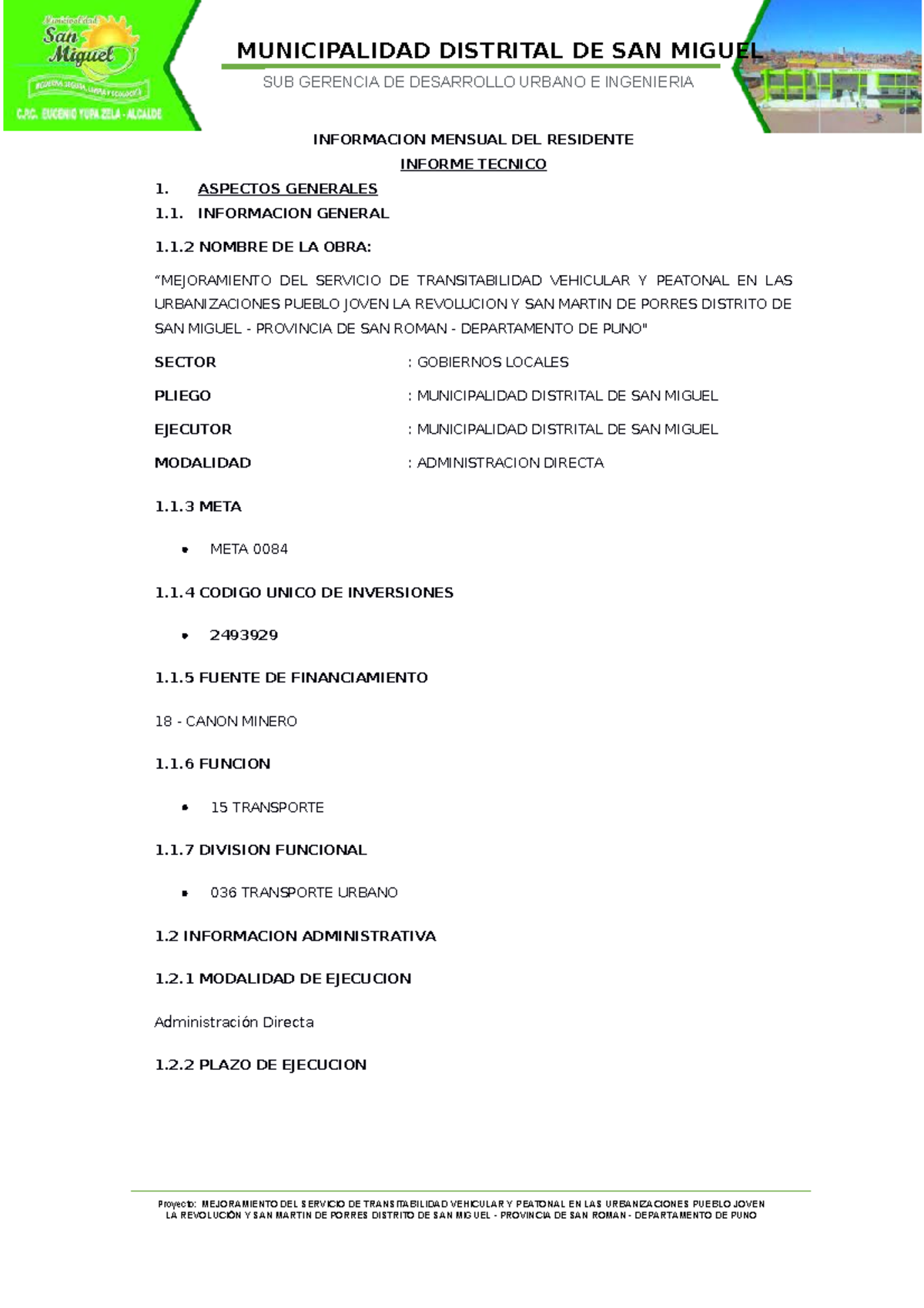 A.1 Datos Generales DEL Proyecto OK - INFORMACION MENSUAL DEL RESIDENTE ...