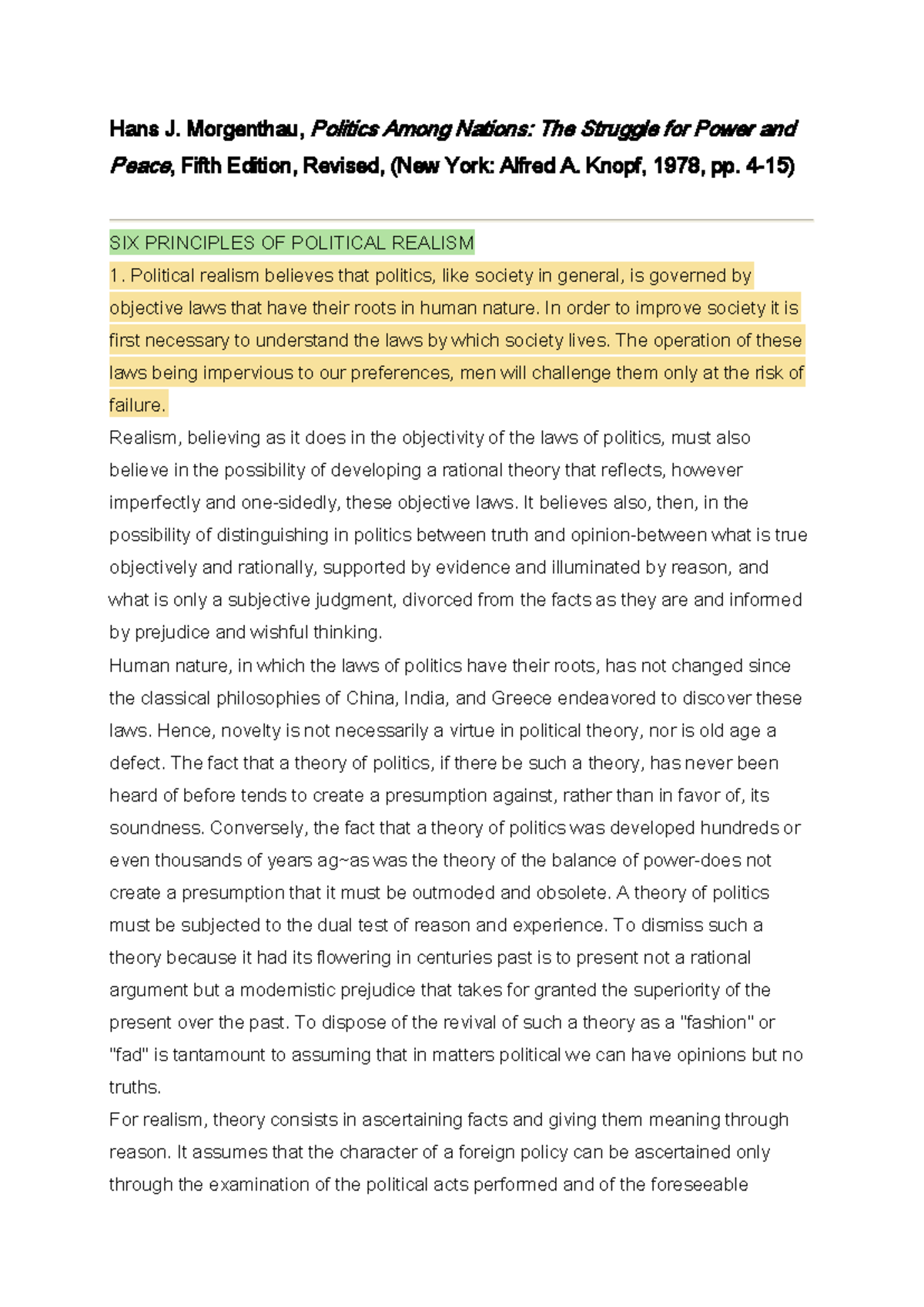 Morgenthau Six Principles - Hans J. Morgenthau,Politics Among Nations ...