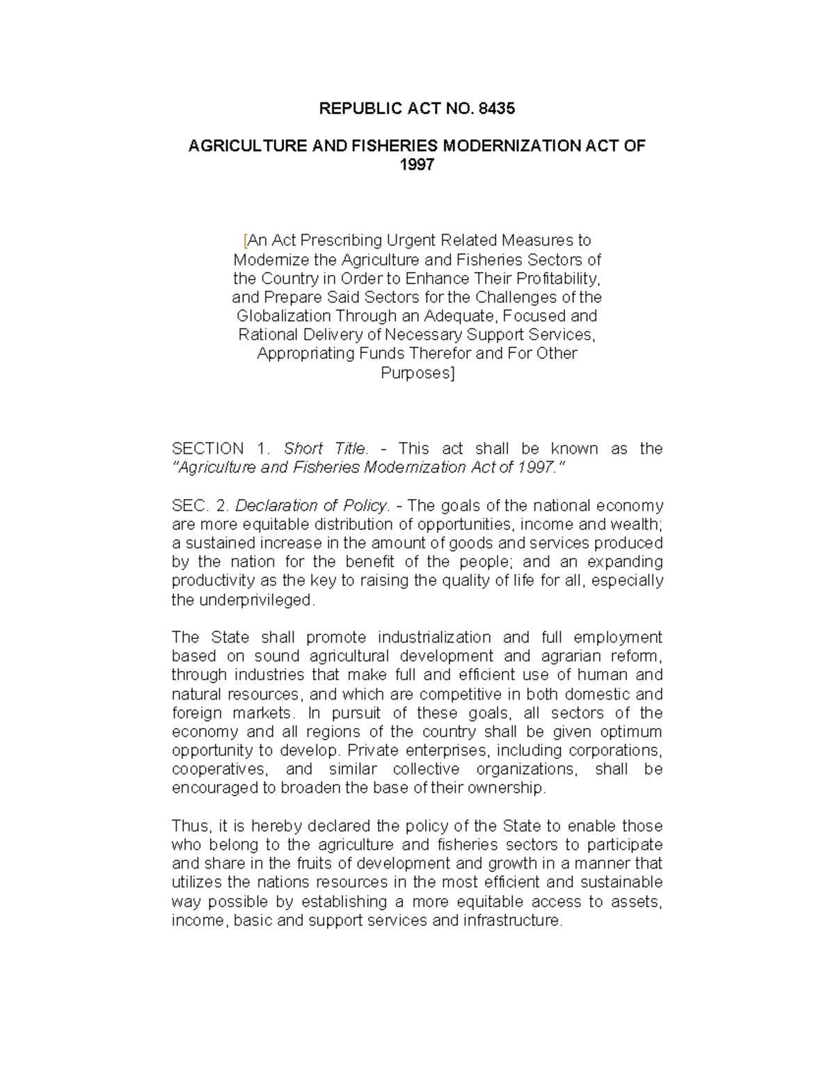 Republic-Act-8435-Agricultural-and-Fisheries-Modernization-Act-of-1997 ...