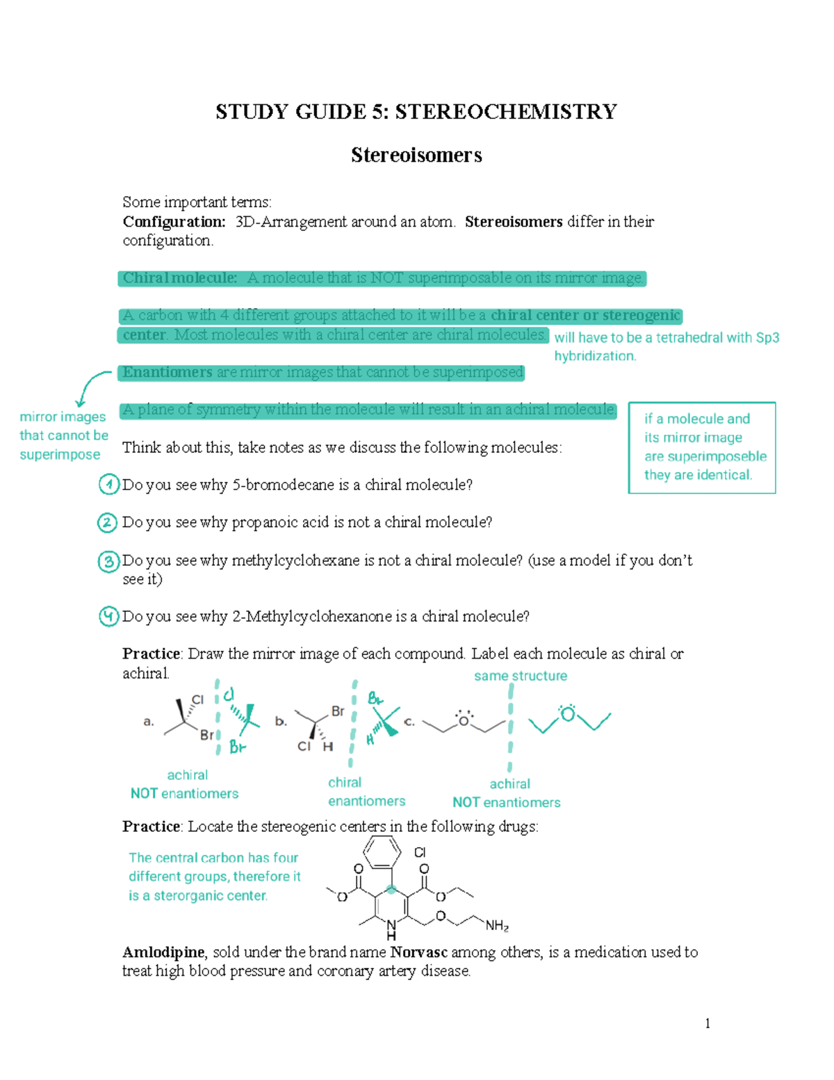 Study Guide 5 - Stereochemistry 221017 212025 - STUDY GUIDE 5 ...