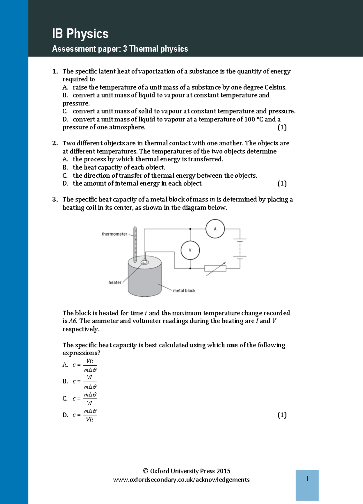 3 Thermal physics - © Oxford University Press 2015 Assessment paper: 3 ...