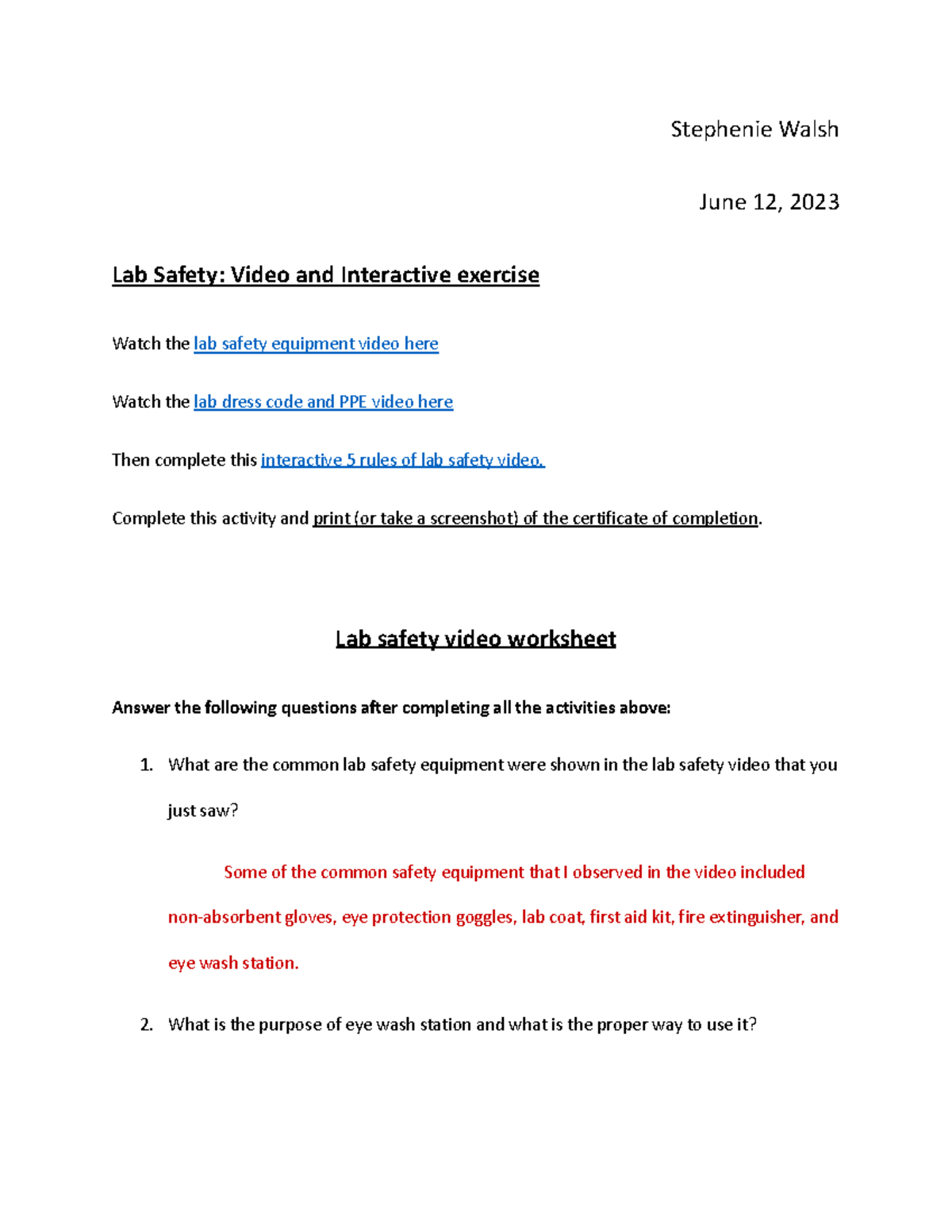 6 12 23 Lab1-Lab Safety-Online Worksheet - Stephenie Walsh June 12 ...