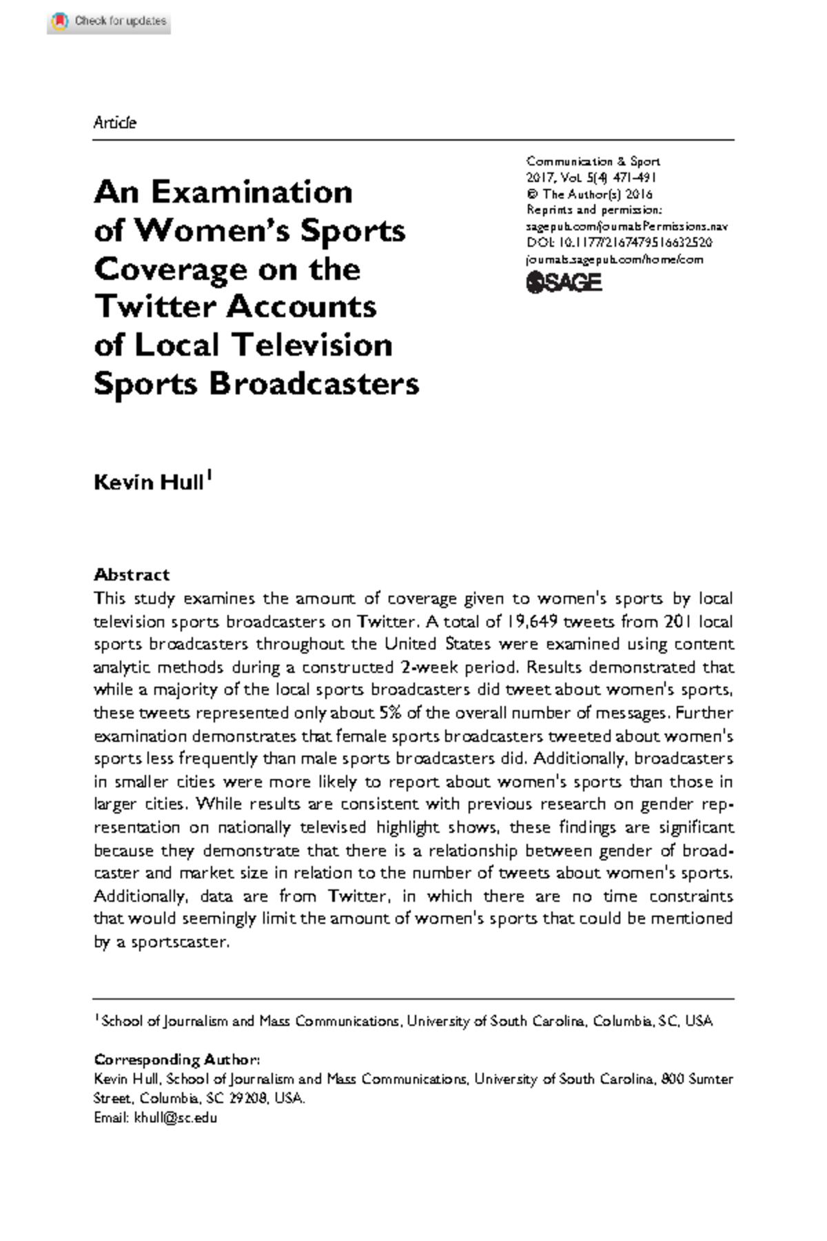 An Examination of Women’s Sports Coverage on the Twitter Accounts of ...