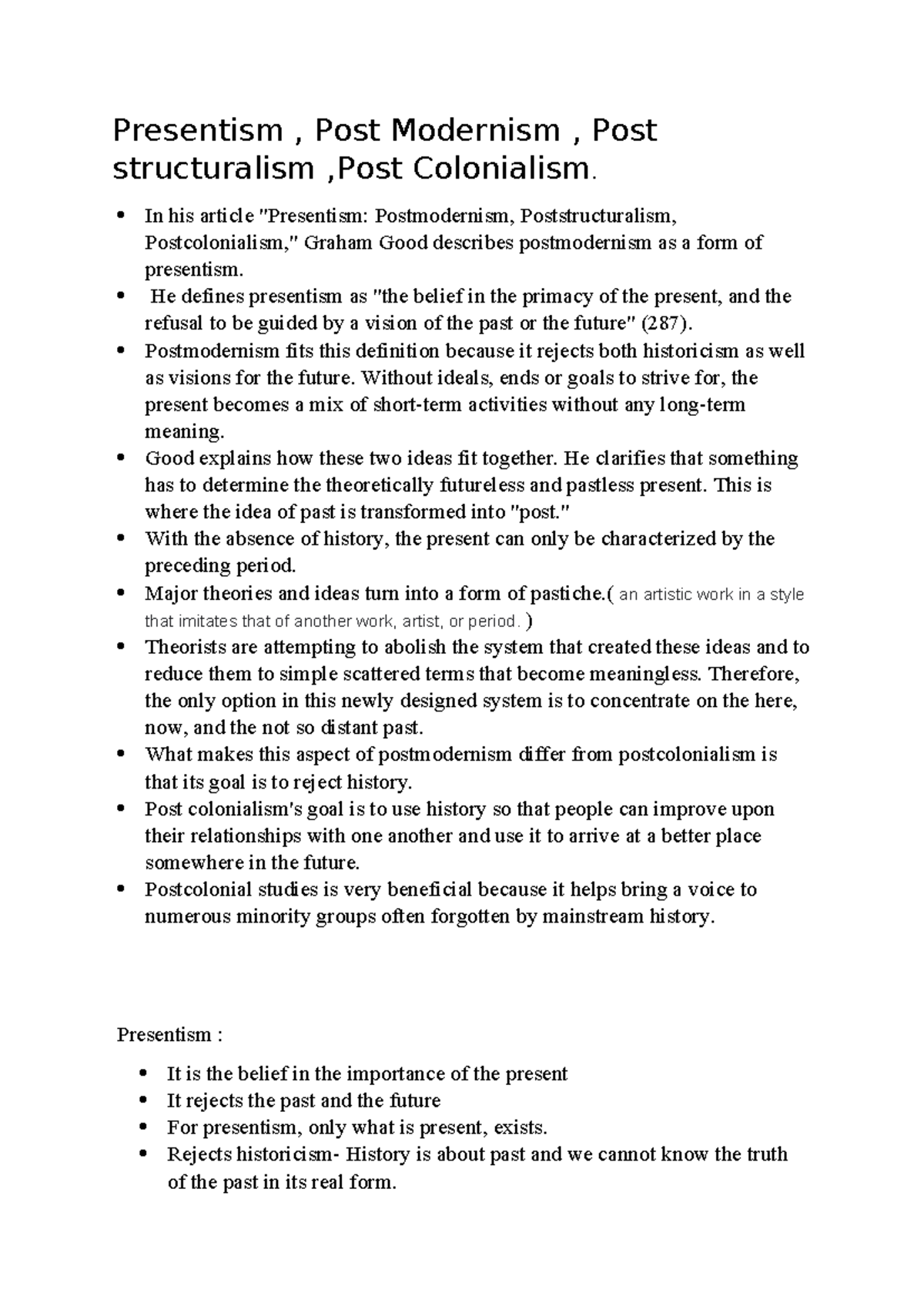 Presentism notes - Summary MA. English - Presentism , Post Modernism ...