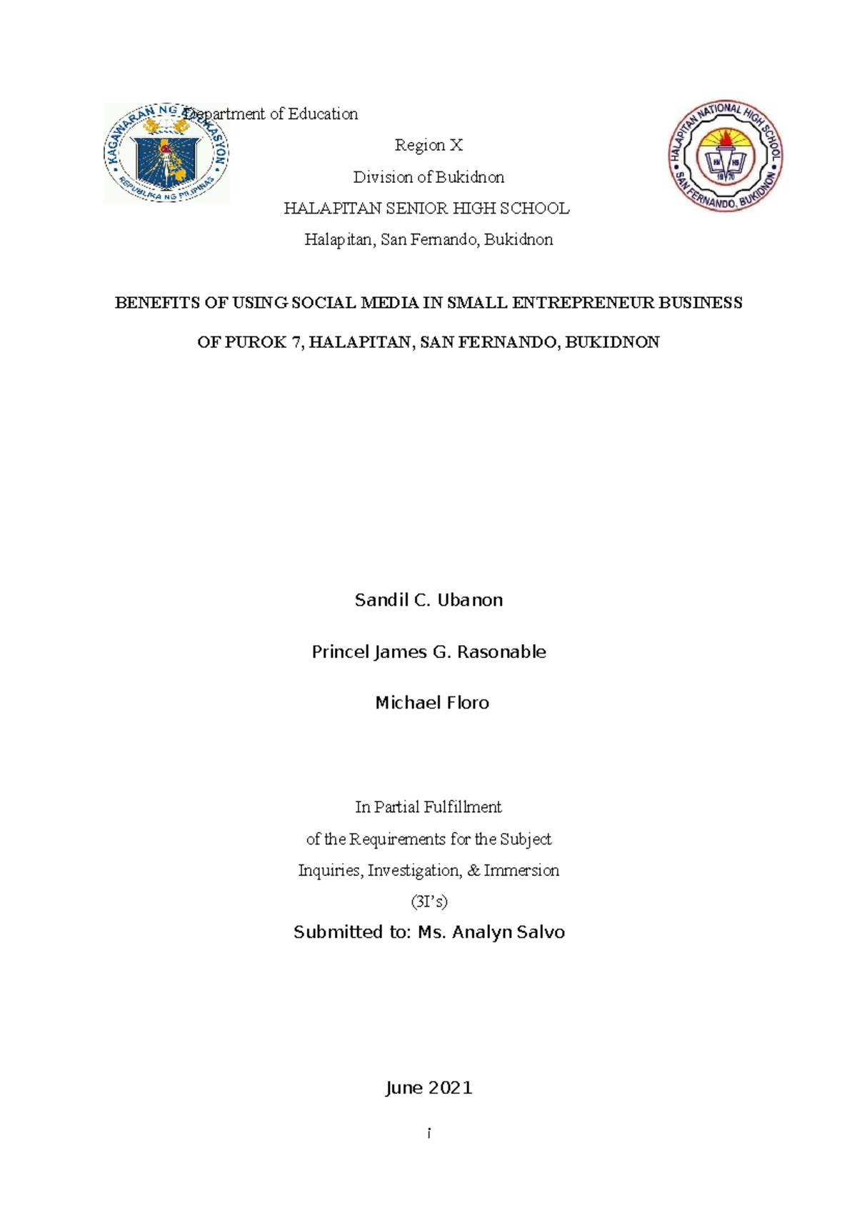 Research Cover Page - Department of Education Region X Division of ...