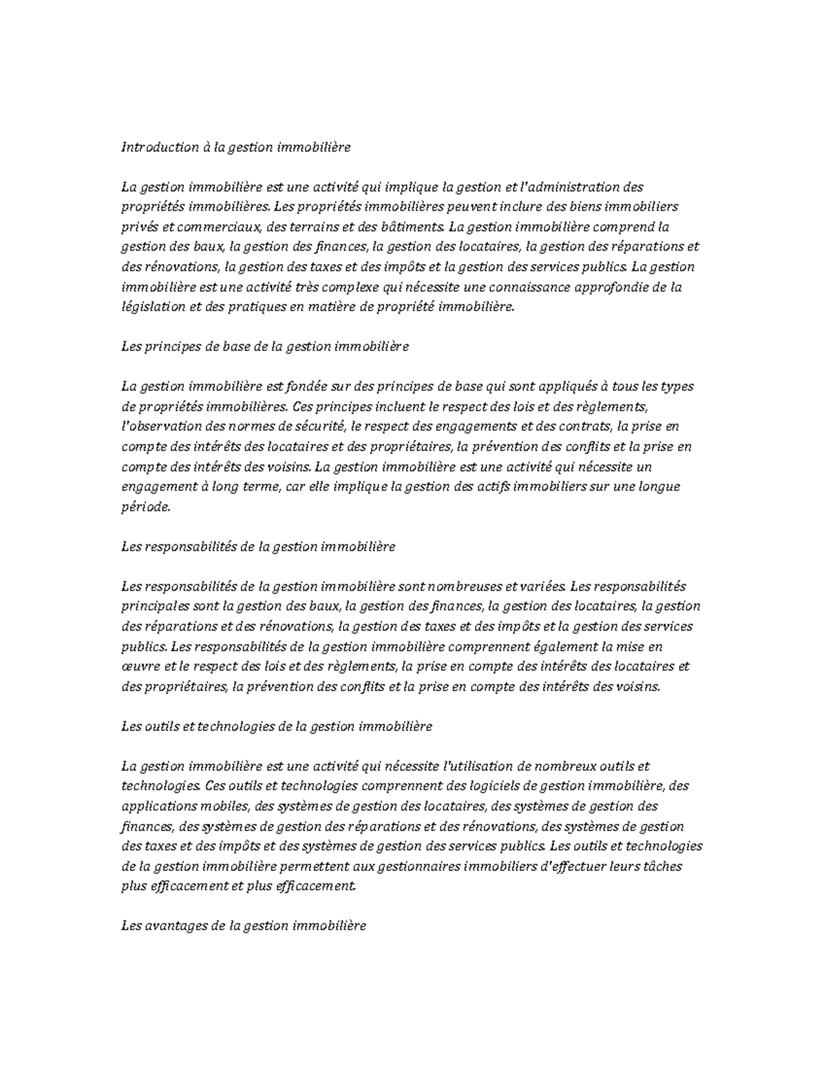 Real Estate Management note study - Introduction à la gestion ...