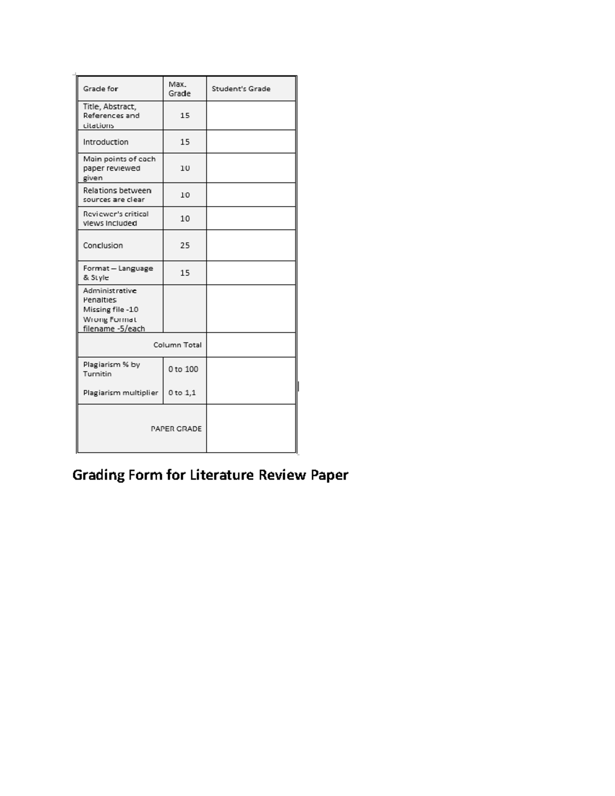 Literature Review Grading Form - Computer Architecture - Grading Form ...