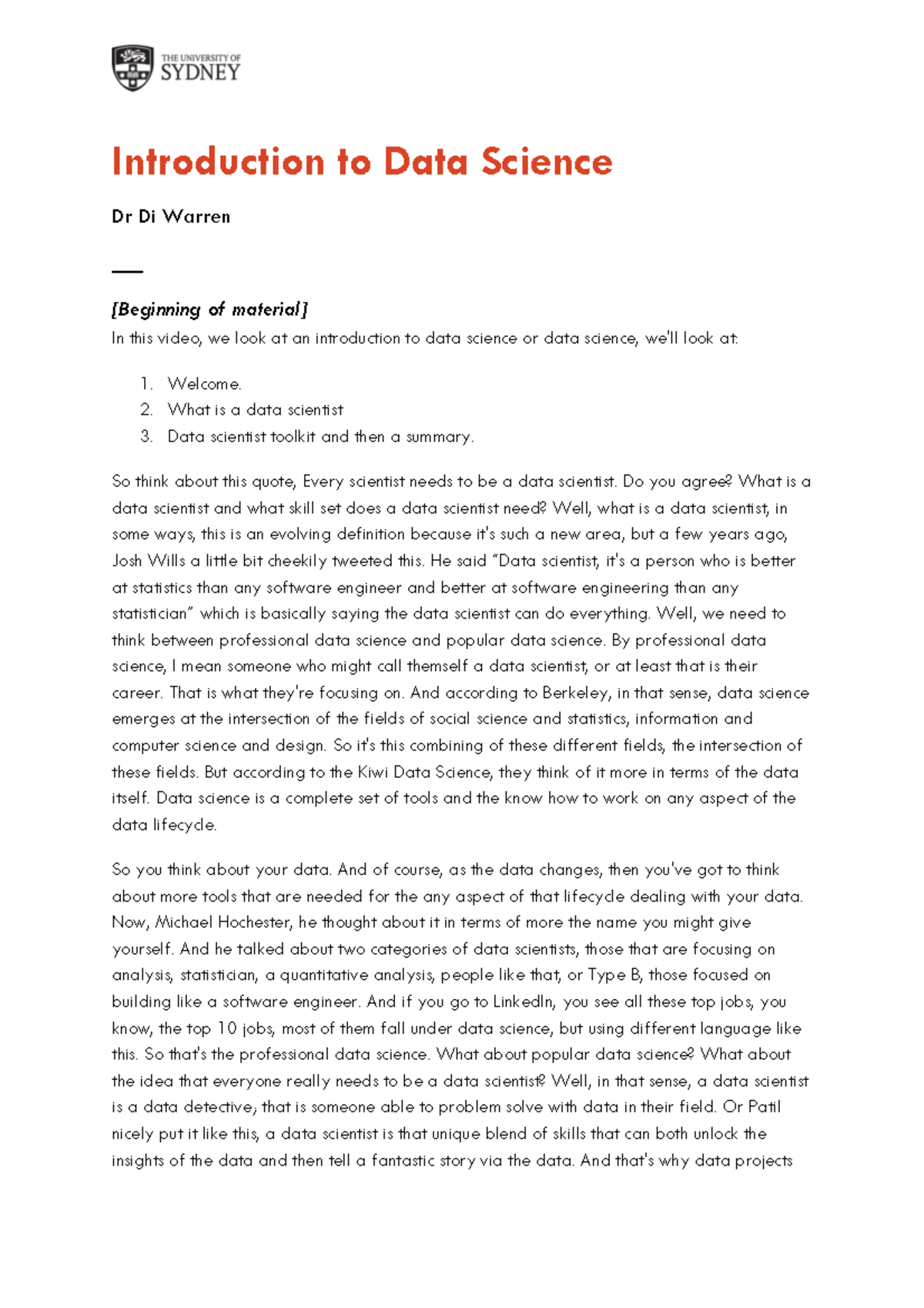 Discover 1 Lecture 1 Introduction to Data Science Complete ...