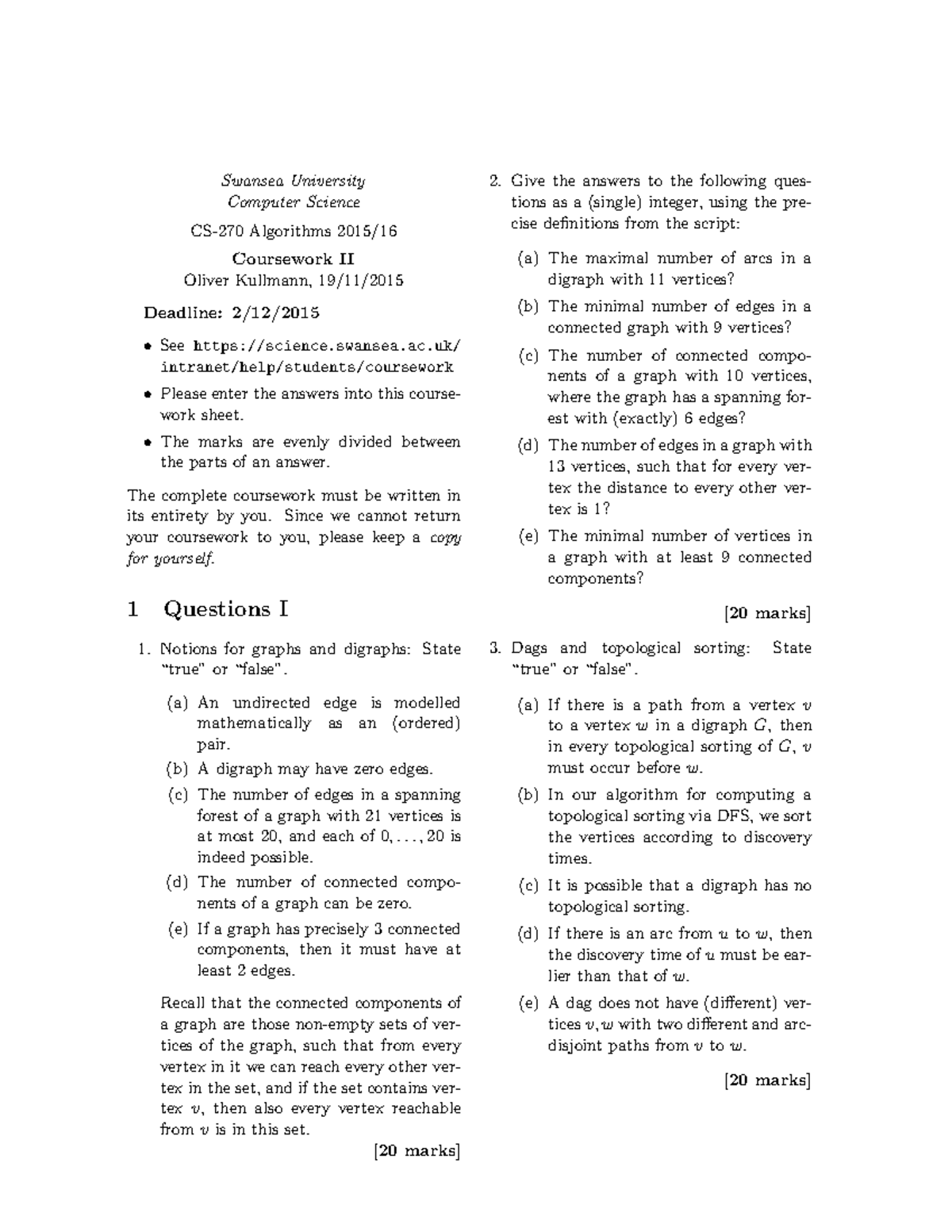 Assign 2 2015 Swansea University Computer Science Cs 270 Algorithms 2015 Coursework Ii Oliver