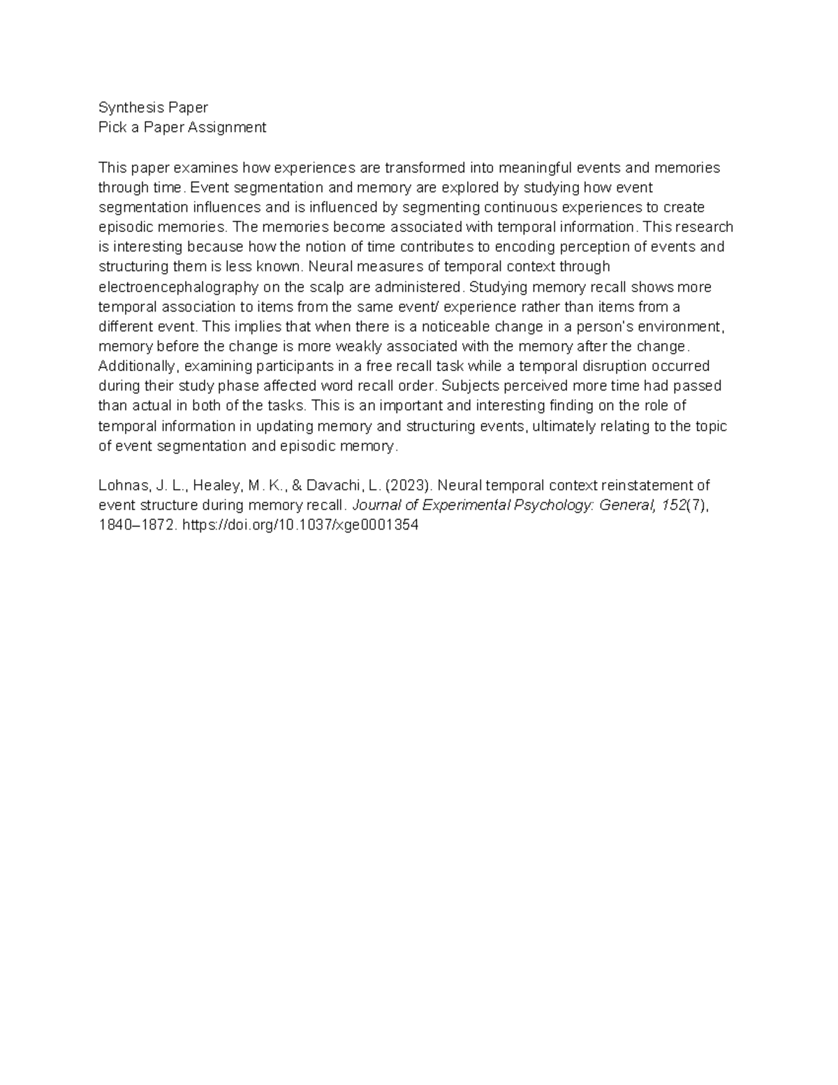 Pick a paper assignment - Synthesis Paper Pick a Paper Assignment This ...