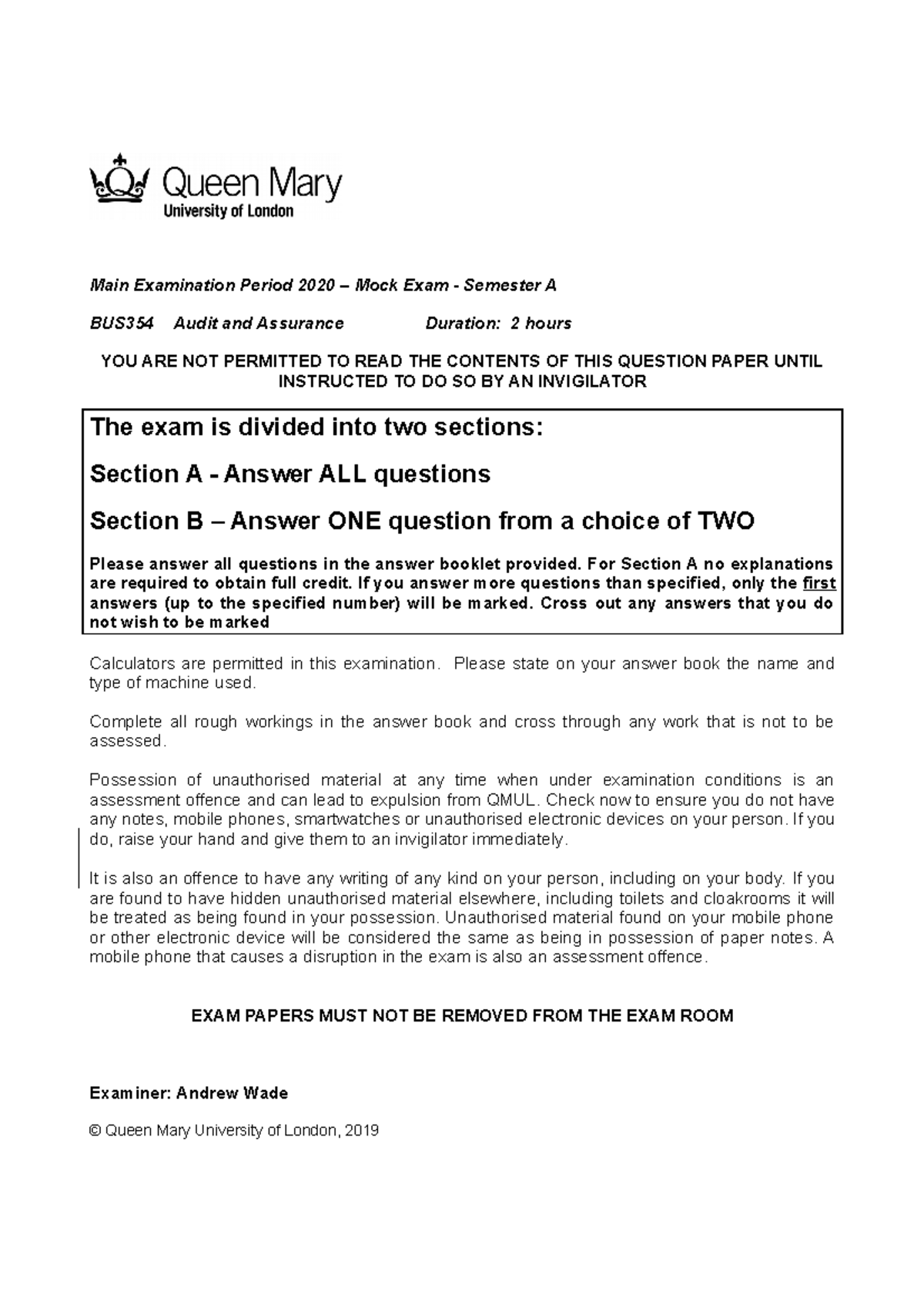 January mock paper - exam style questions - Main Examination Period ...