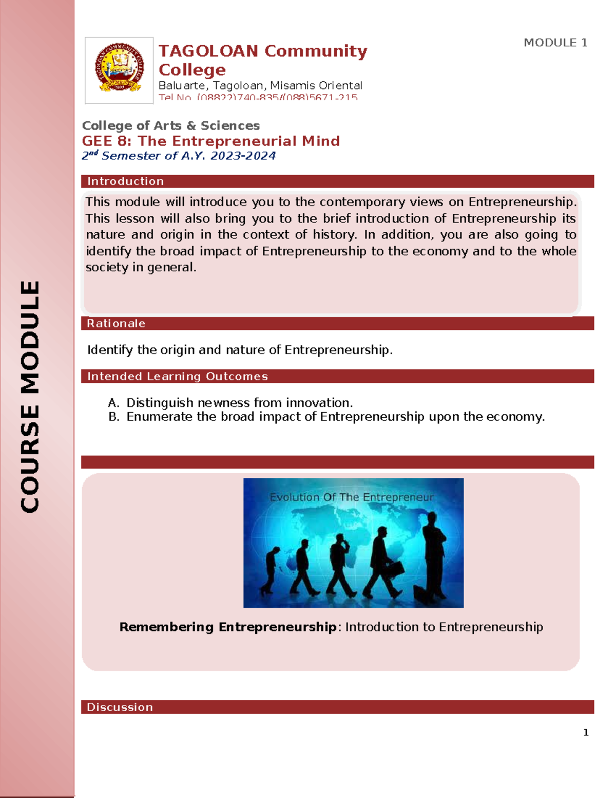 GEE 8-Module 1 Introduction to Entrepreneurship - COURSE MODULE College ...