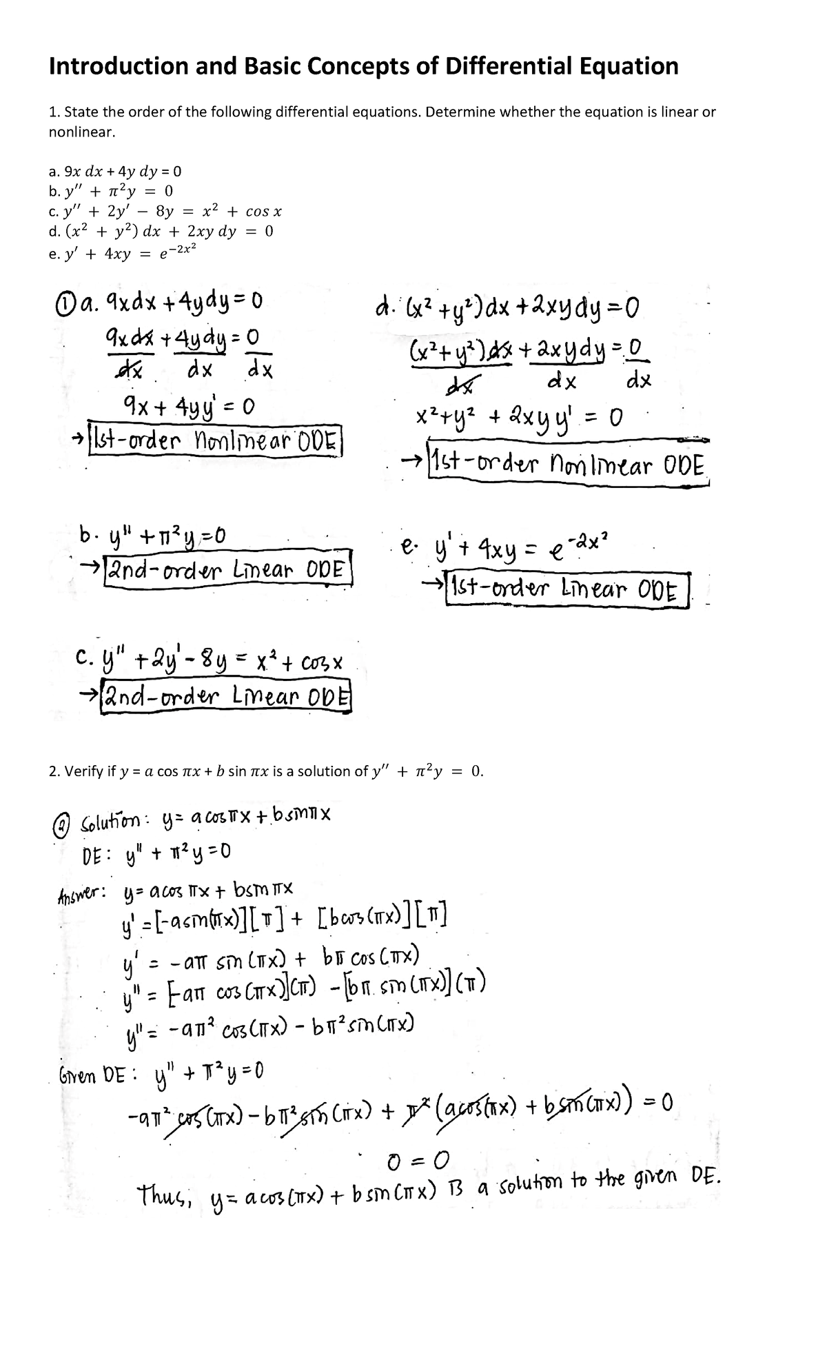 State the order of the following differential equations and verify each ...