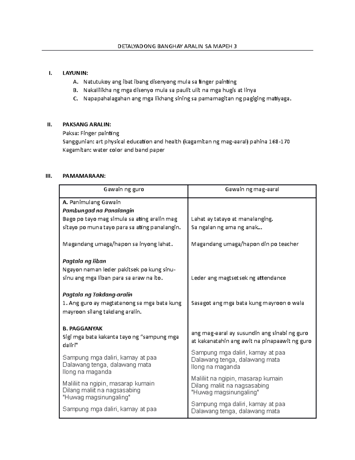 Banghay Aralin SA Mapeh 3 - DETALYADONG BANGHAY ARALIN SA MAPEH 3 I ...