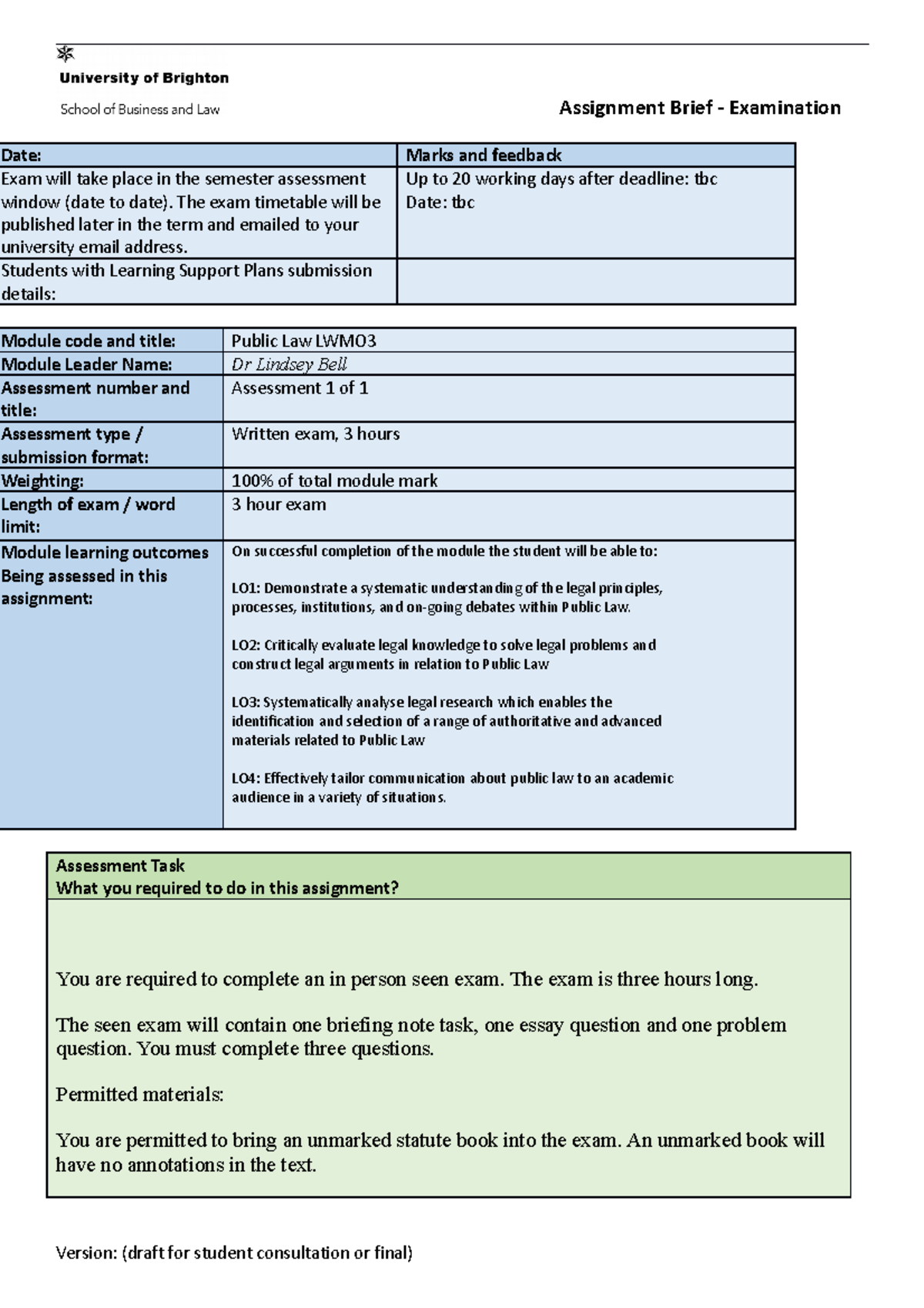 Assessment Brief LWMO3 Public Law exam - Date: Marks and feedback Exam ...