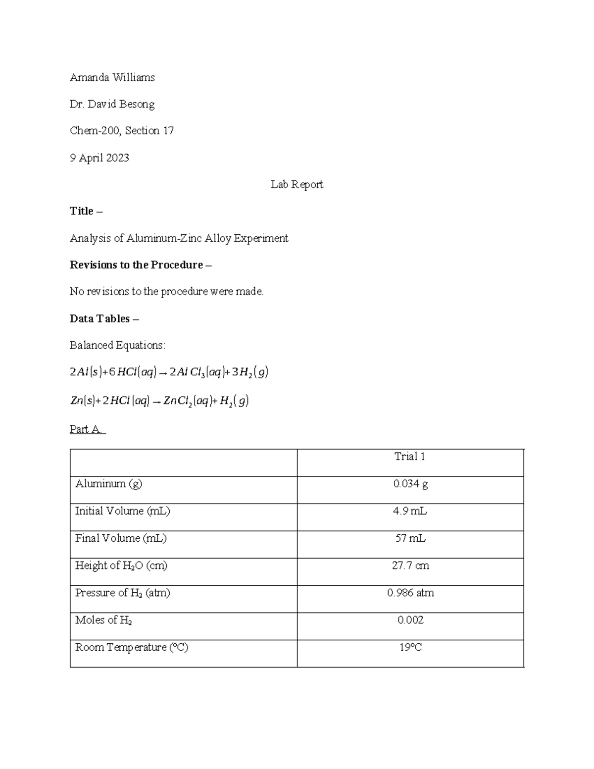 Aluminum Zinc Alloy Experiment Lab Report - Amanda Williams Dr. David ...