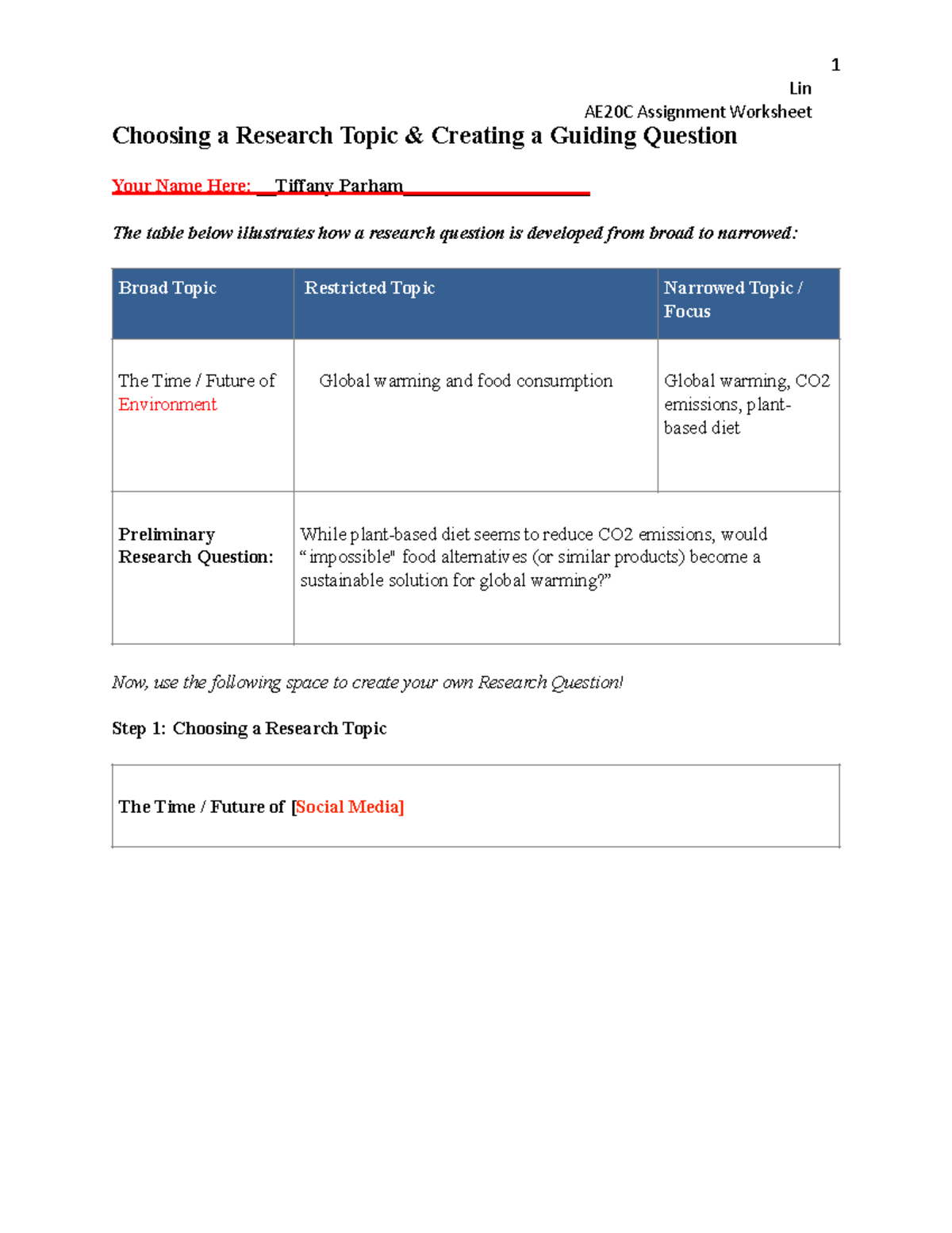 Research Question Worksheet - Lin AE20C Assignment Worksheet Choosing a ...