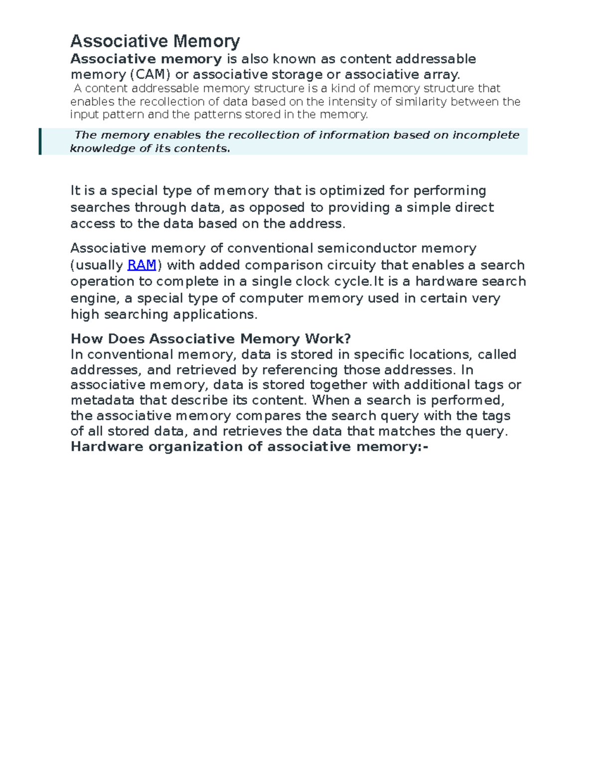 Associative Memory - abc - Associative Memory Associative memory is ...