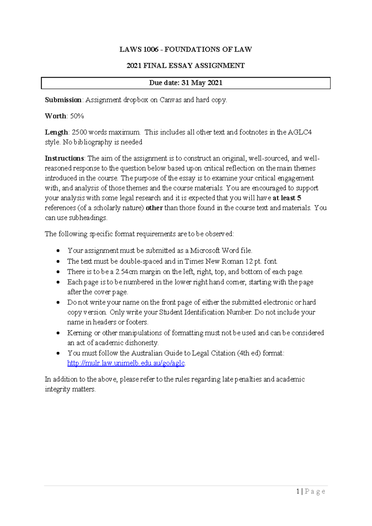 Fo L2021 sample essay - 1 | P a g e LAWS 1006 - FOUNDATIONS OF LAW 2021 ...