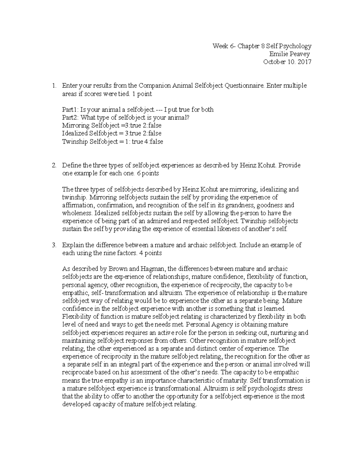 Week 6 Human Animal Bonds Homework - Week 6- Chapter 8 Self Psychology ...