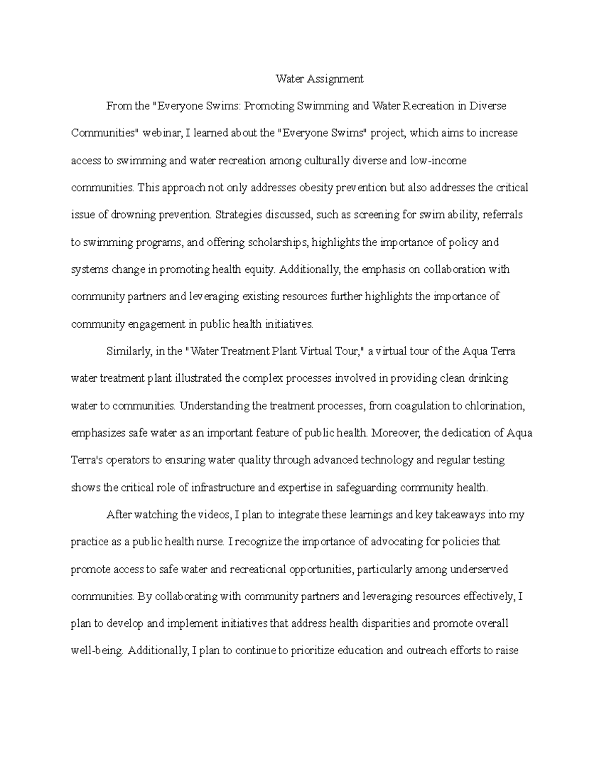 Water Assignment - Water Assignment From the "Everyone Swims: Promoting ...