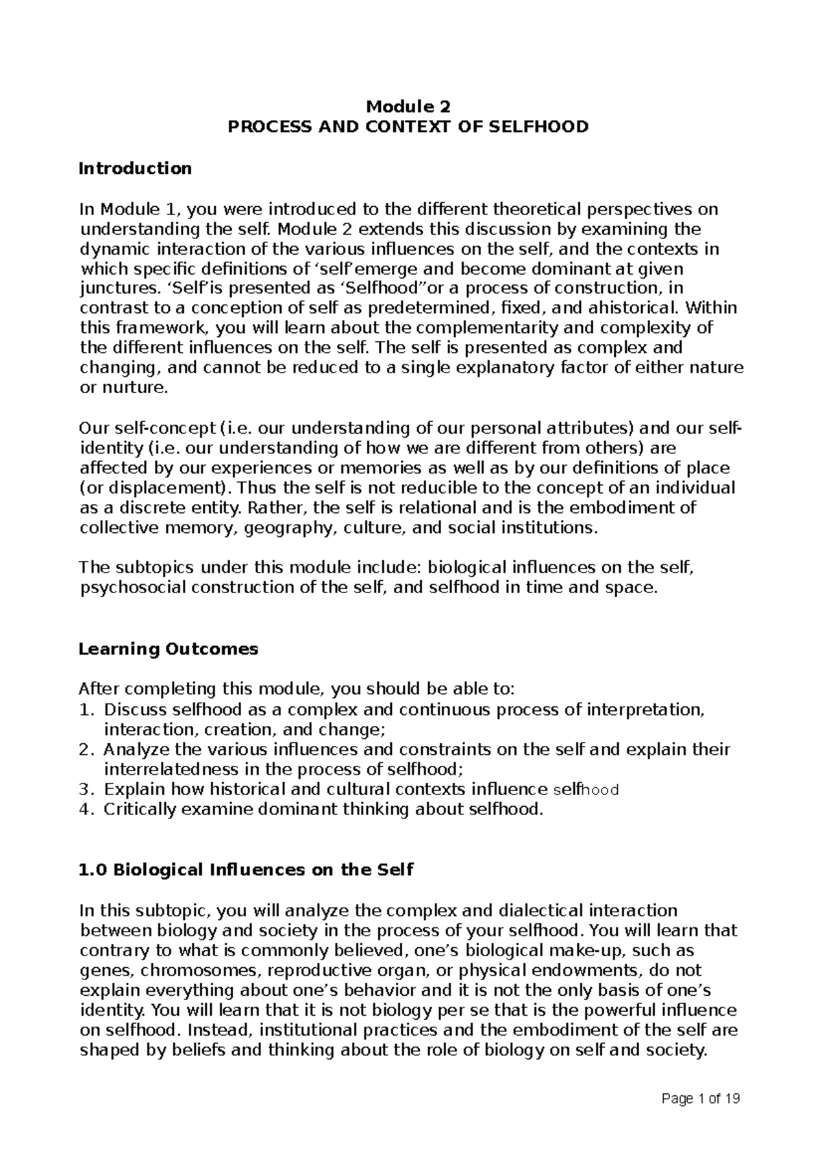 SAS1 Module 2 Process and Context of Selfhood - Module 2 PROCESS AND ...