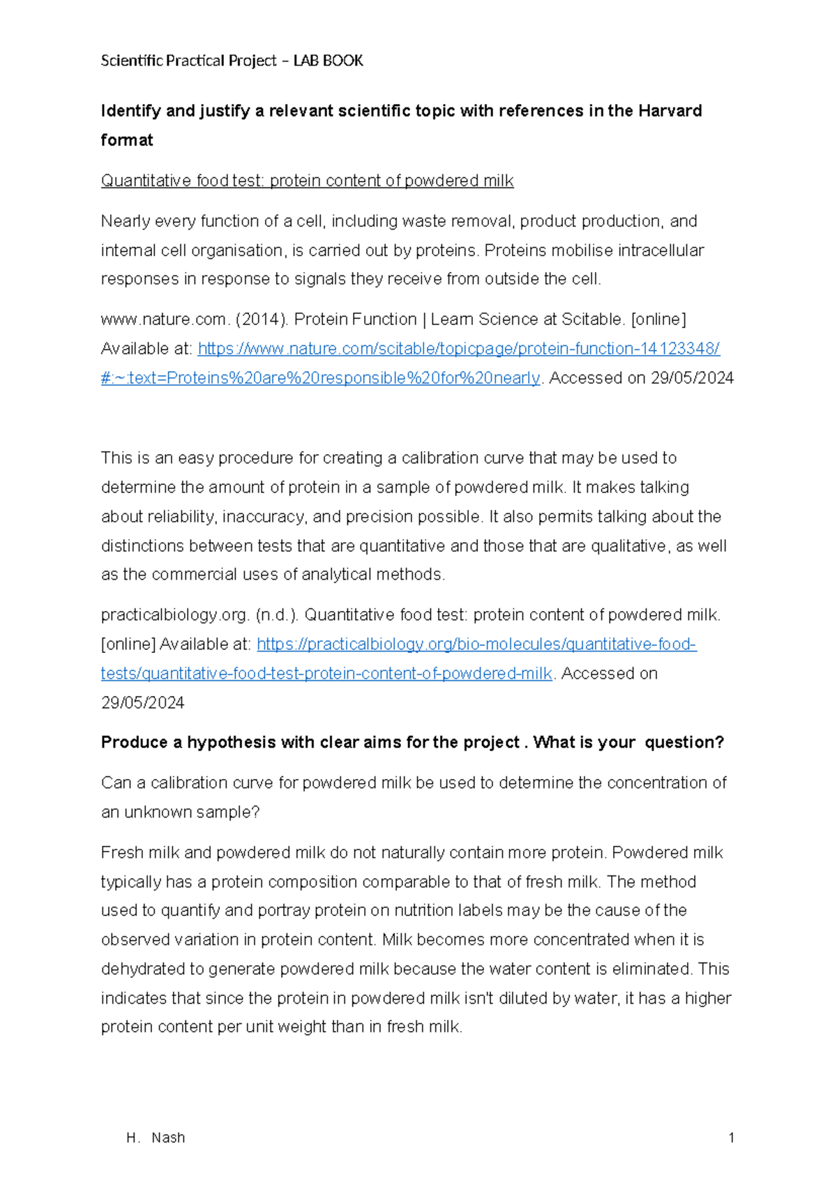 2024 Practical Scientific Project Lab Book Final - Identify and justify ...
