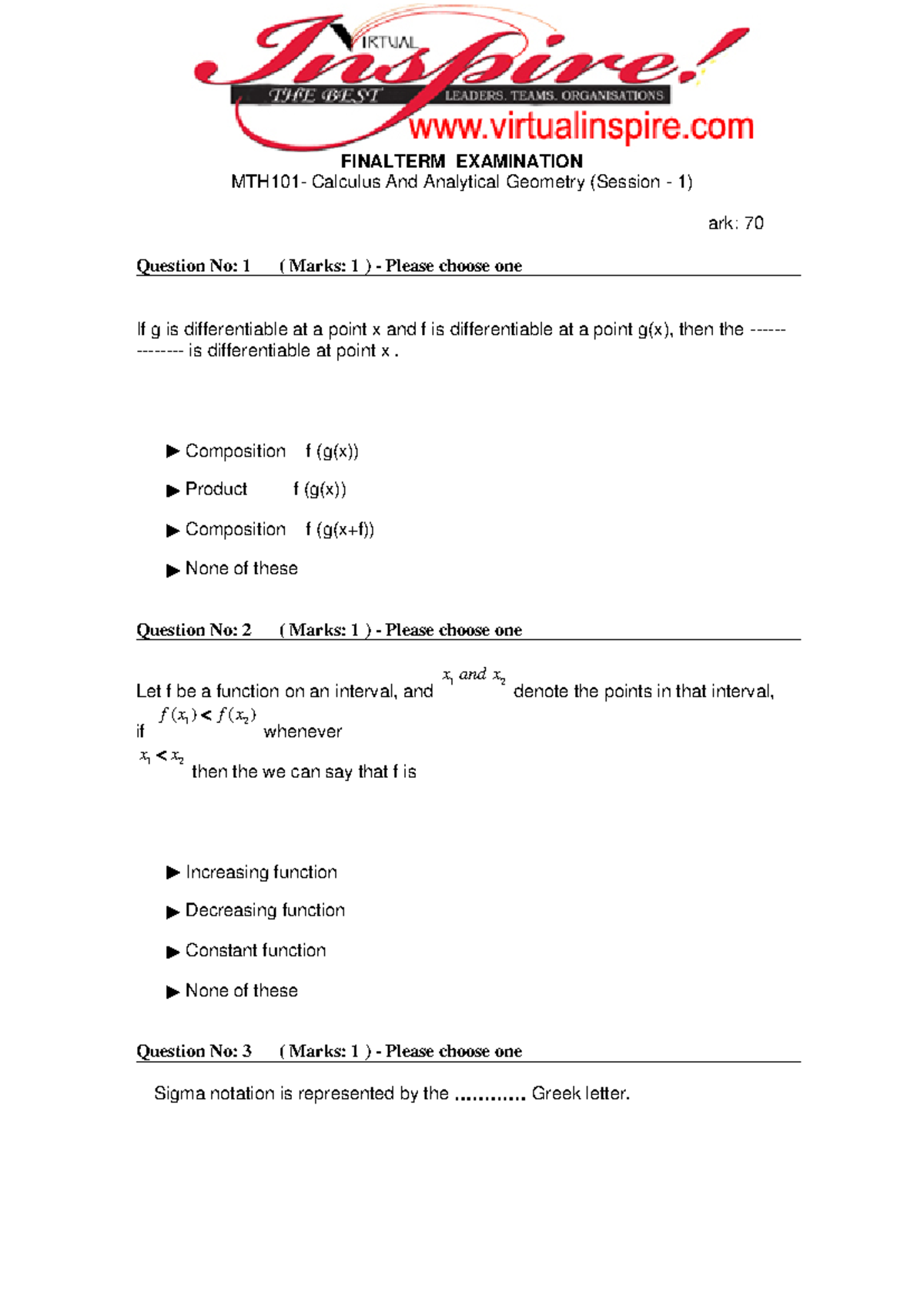 MTH101 01 Finalterm Paper 1 - FINALTERM EXAMINATION MTH101- Calculus ...