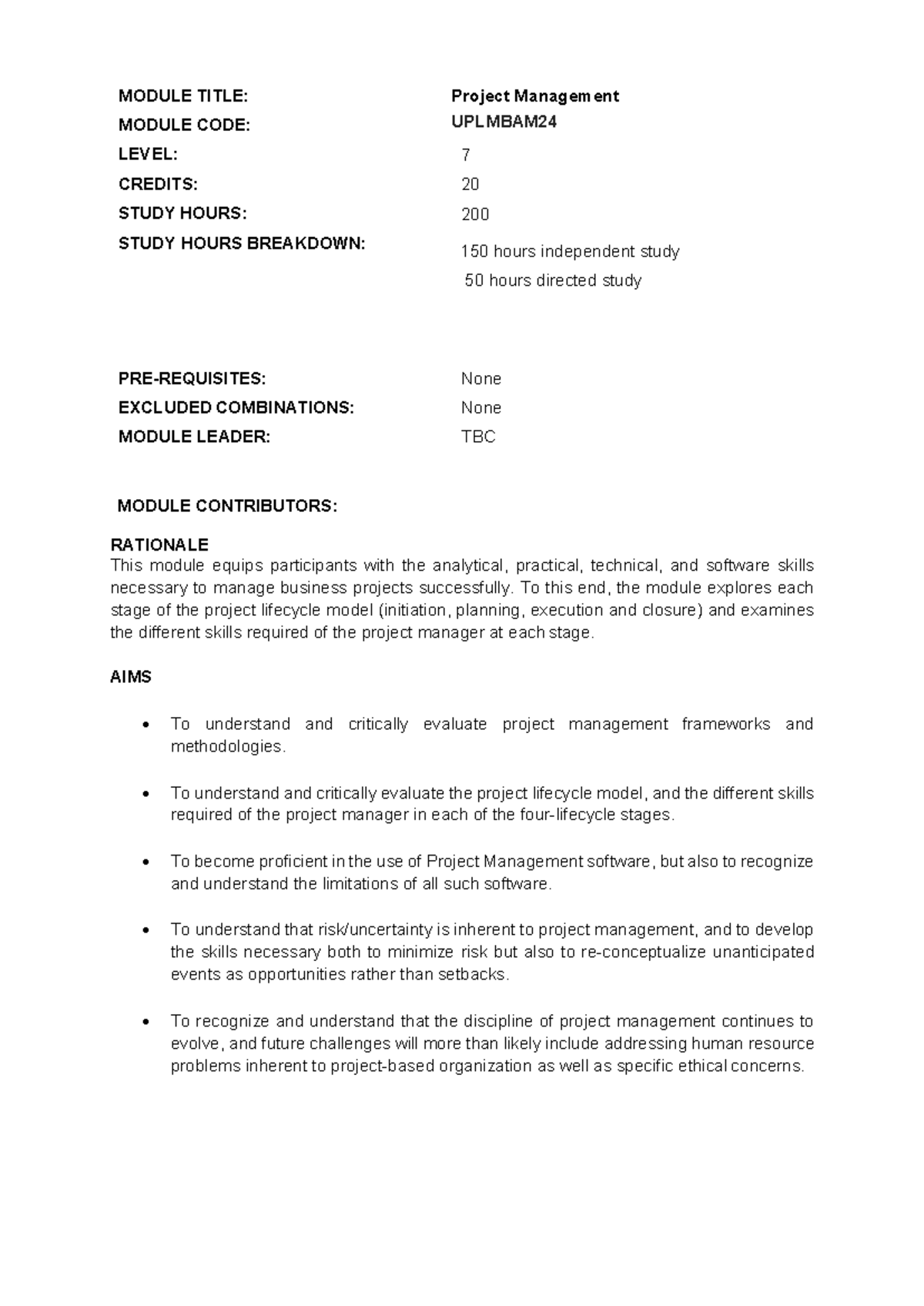 Module Specification - Uplmbam 24 Project Management - MODULE TITLE: Project Management MODULE ...