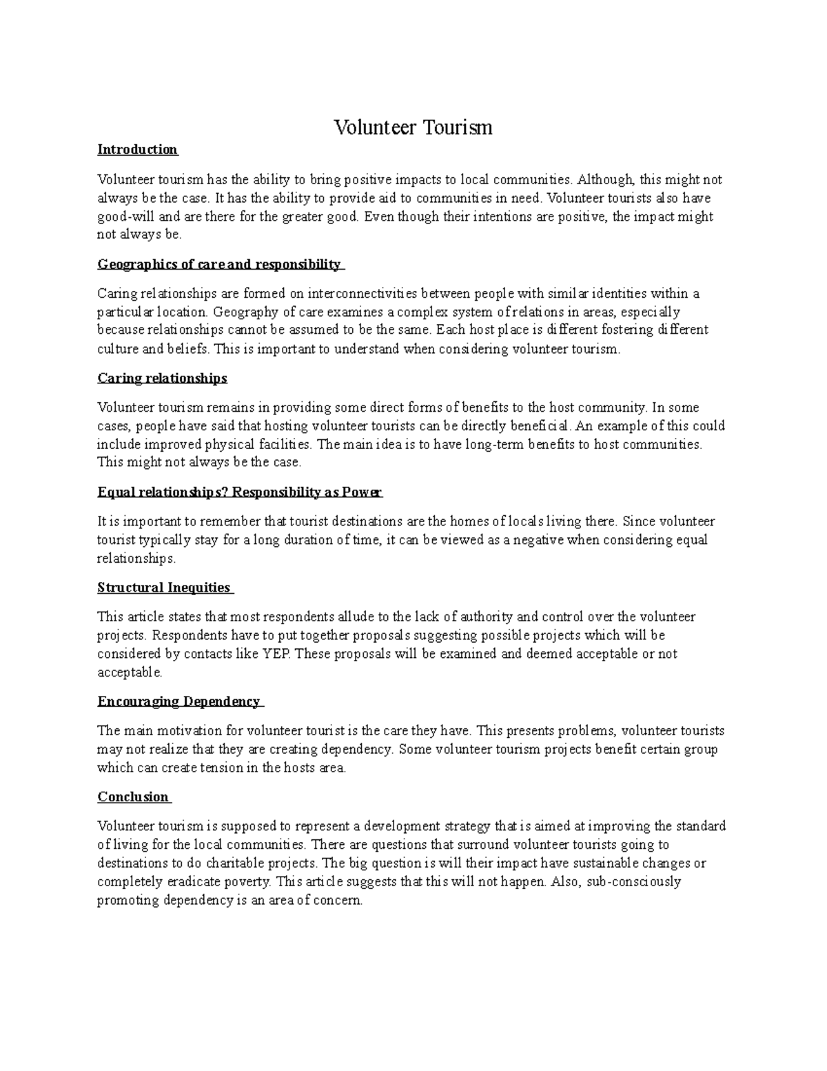 Summary 8 - Volunteer Tourism Introduction Volunteer tourism has the ...