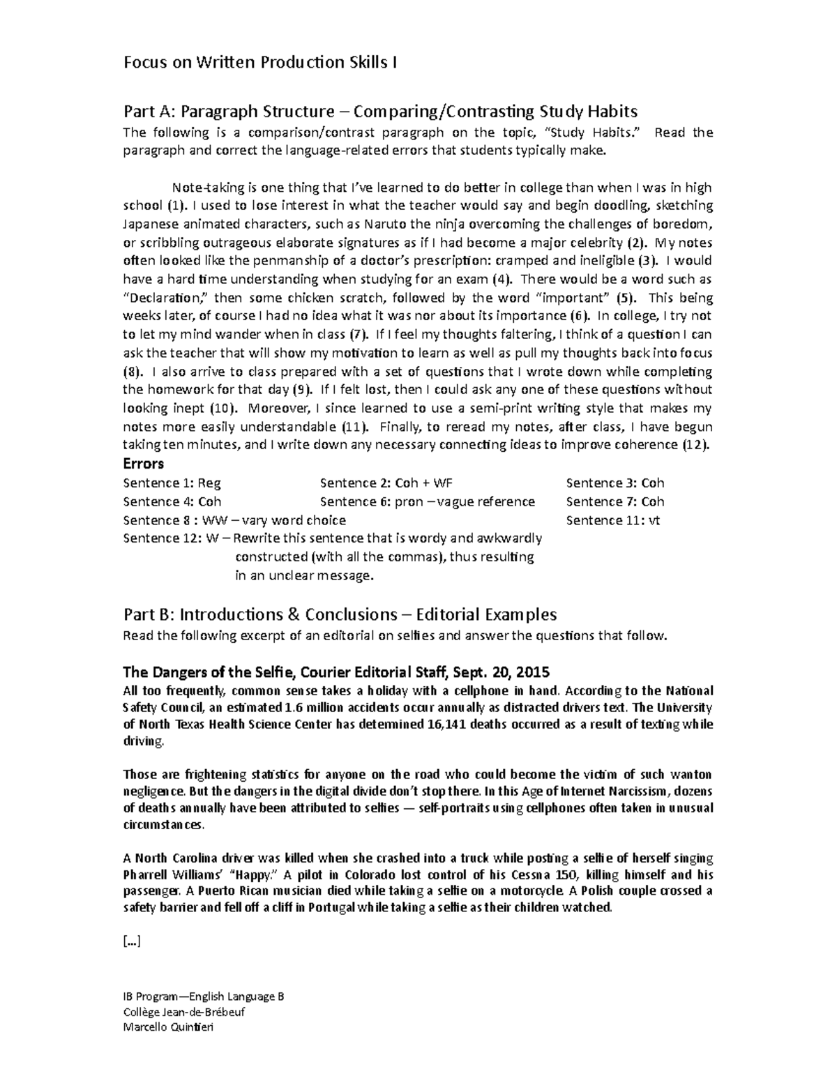 Focus on Written Production Skills - ” Read the paragraph and correct ...