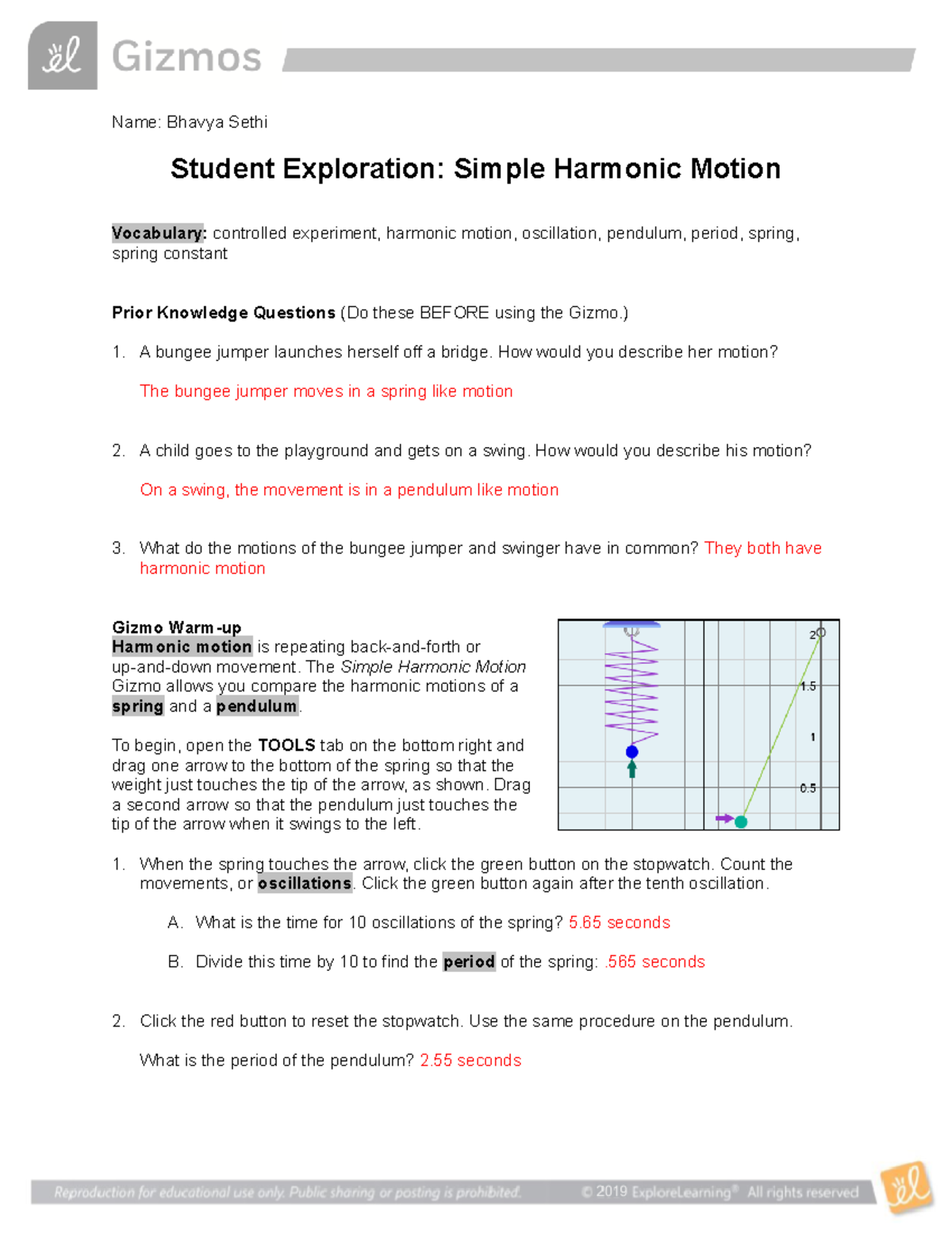 Simple Harmonic Motion SE gizmo - Name: Bhavya Sethi Student ...