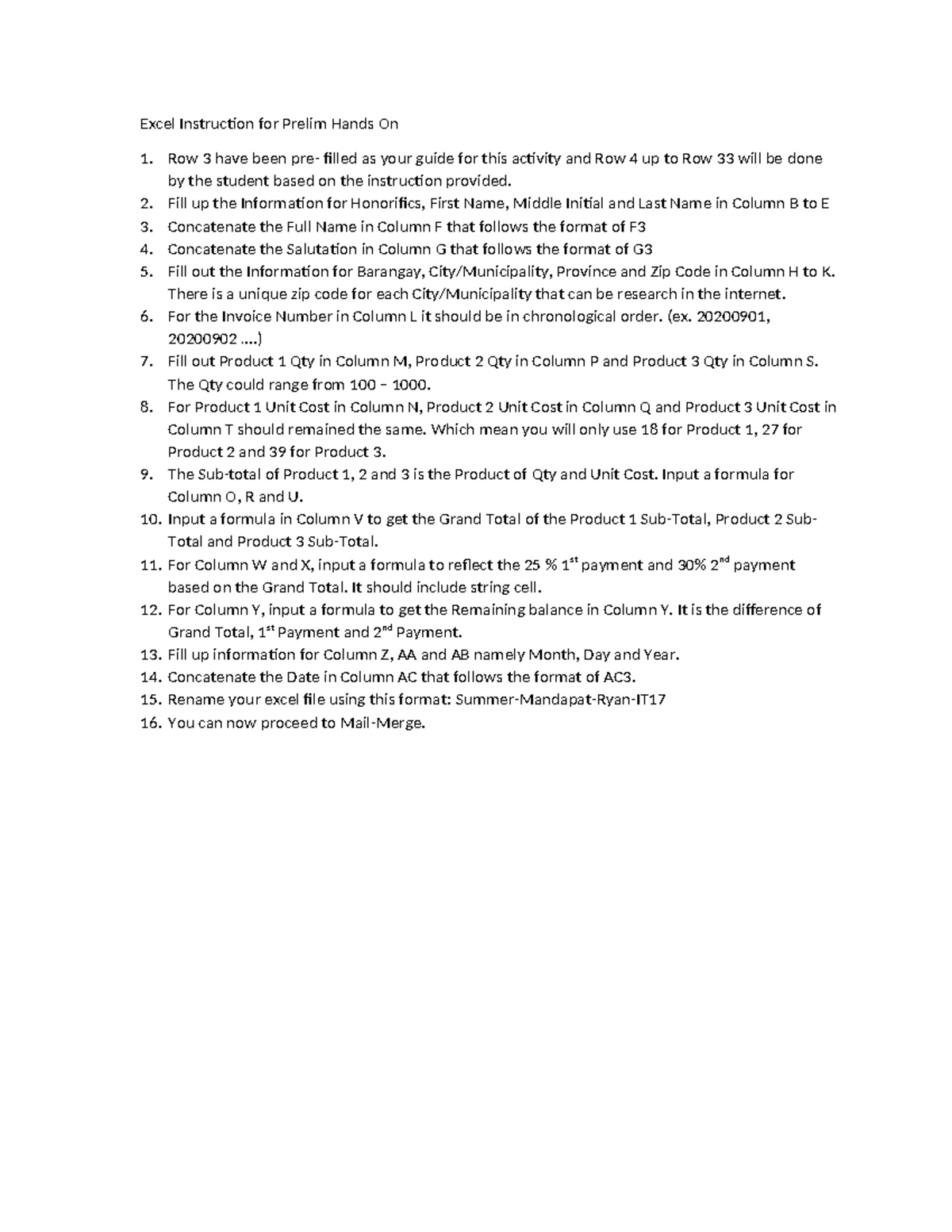 Excel Instruction Hands On - Excel Instruction for Prelim Hands On Row ...