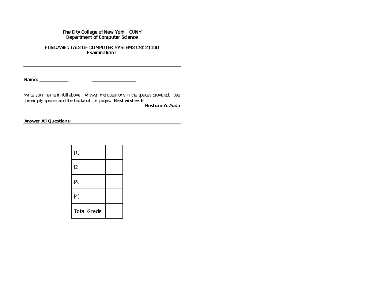 Examination 1 - old exam - The City College of New York - CUNY ...