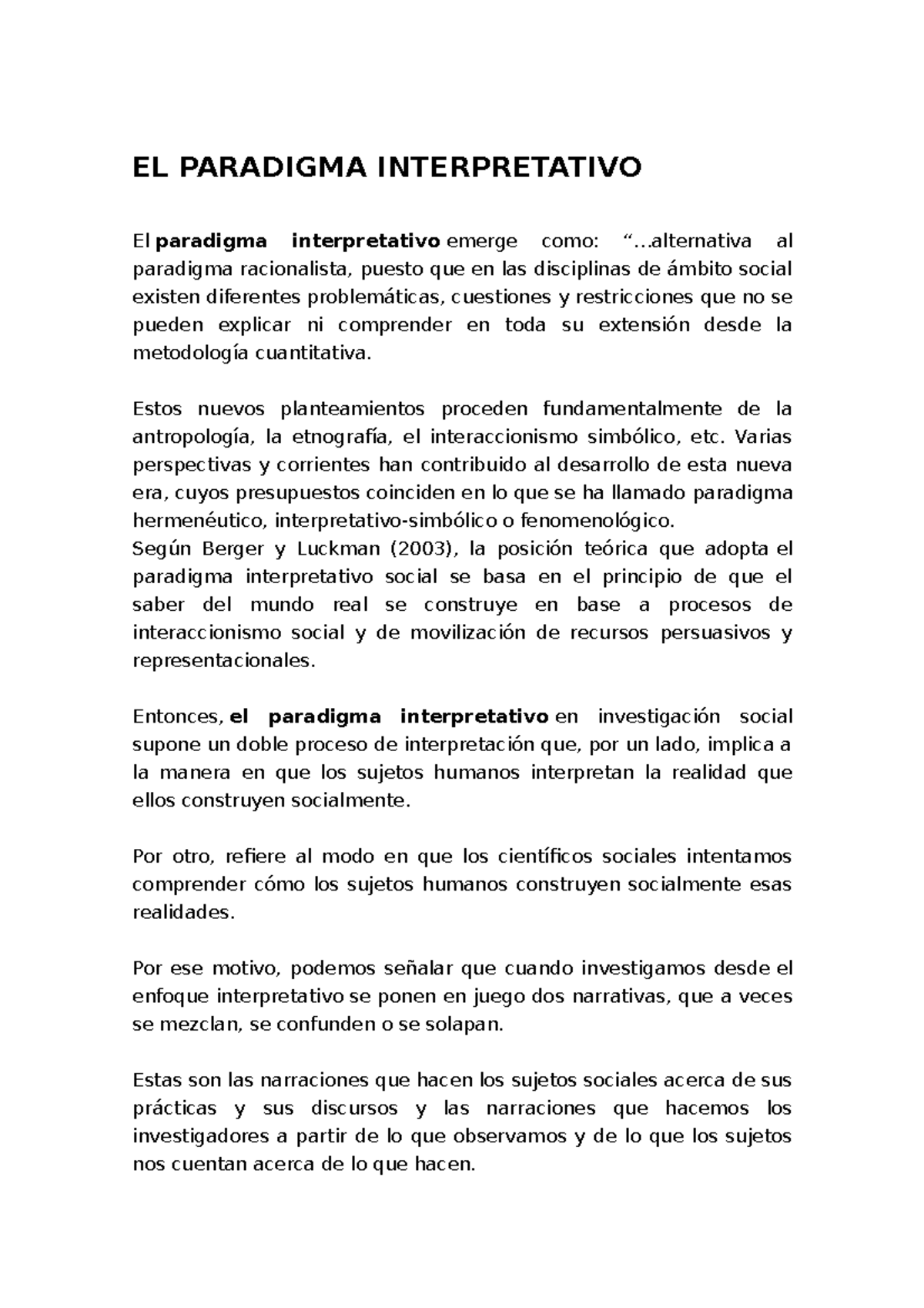 EL Paradigma Interpretativo - EL PARADIGMA INTERPRETATIVO El paradigma ...