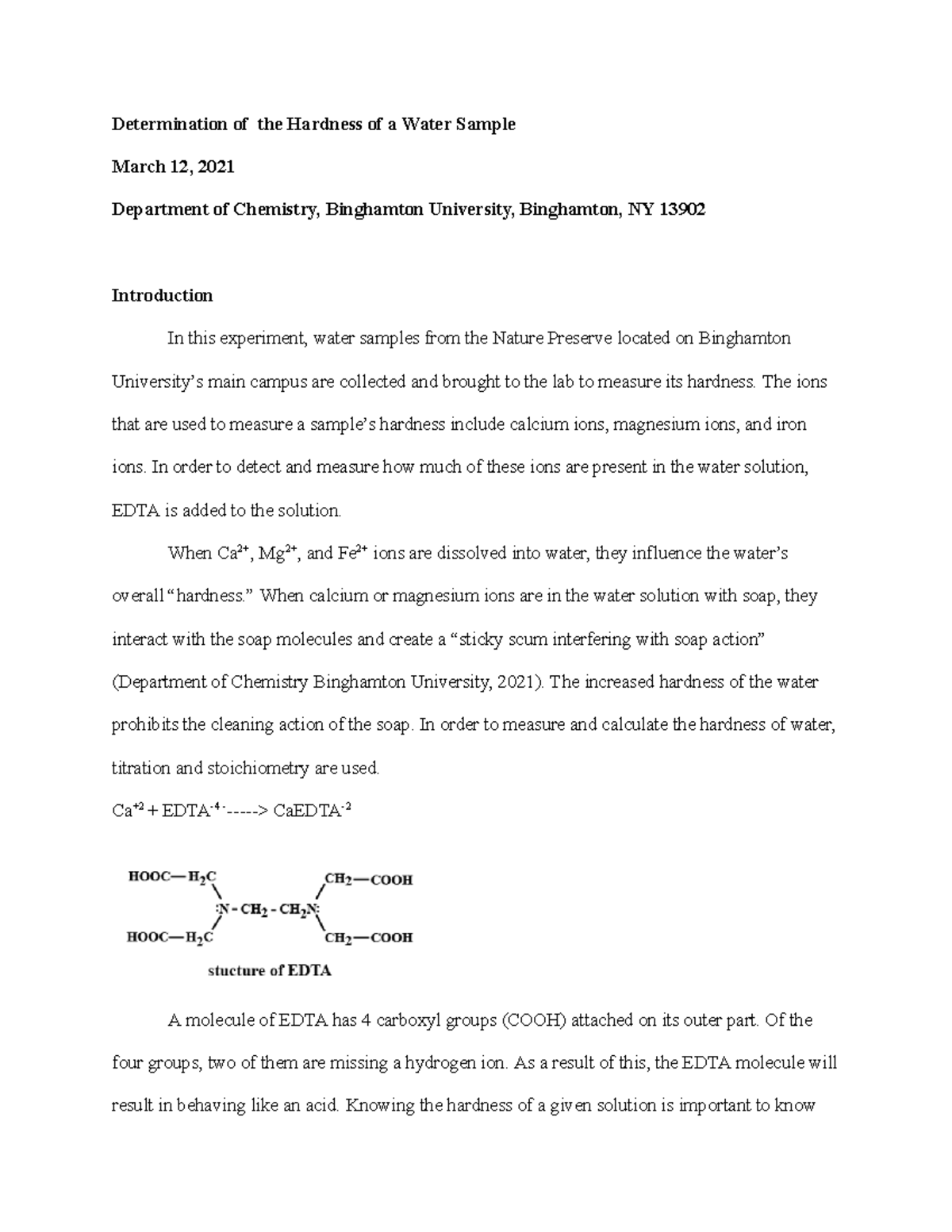 Copy of water hardness lab report - Determination of the Hardness of a ...