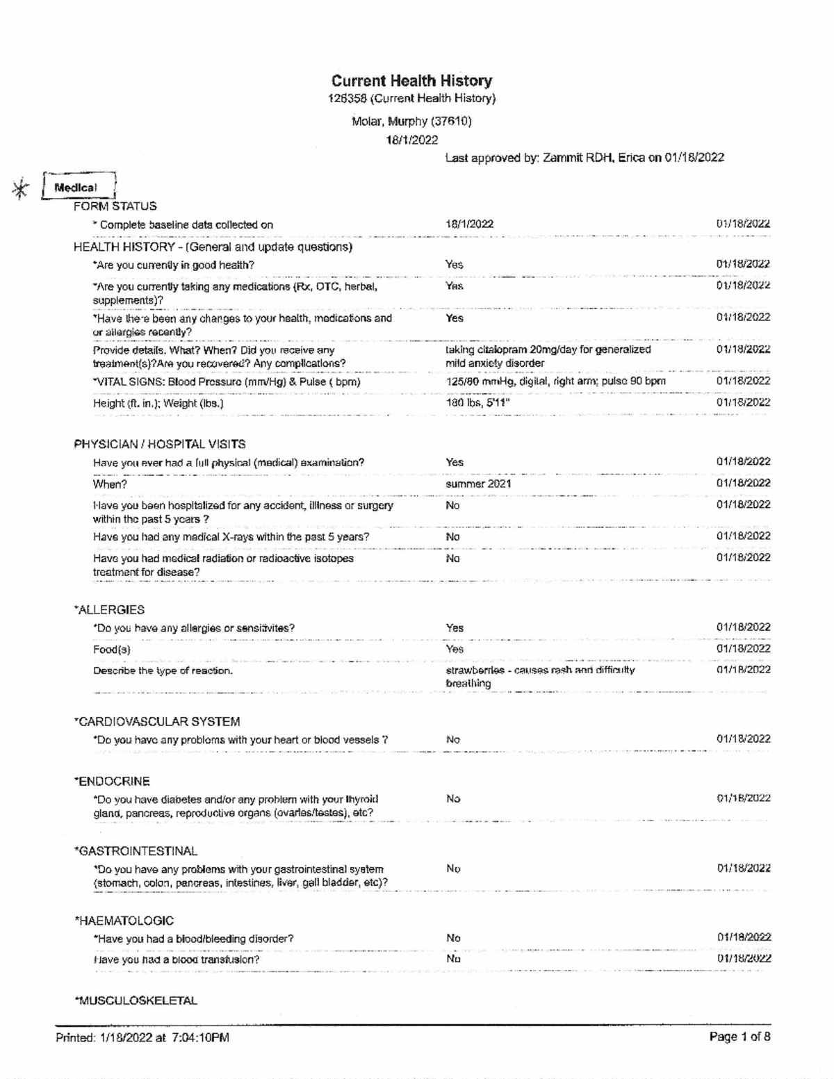 Health History Sample - hope tis help - DENT1060 - Studocu