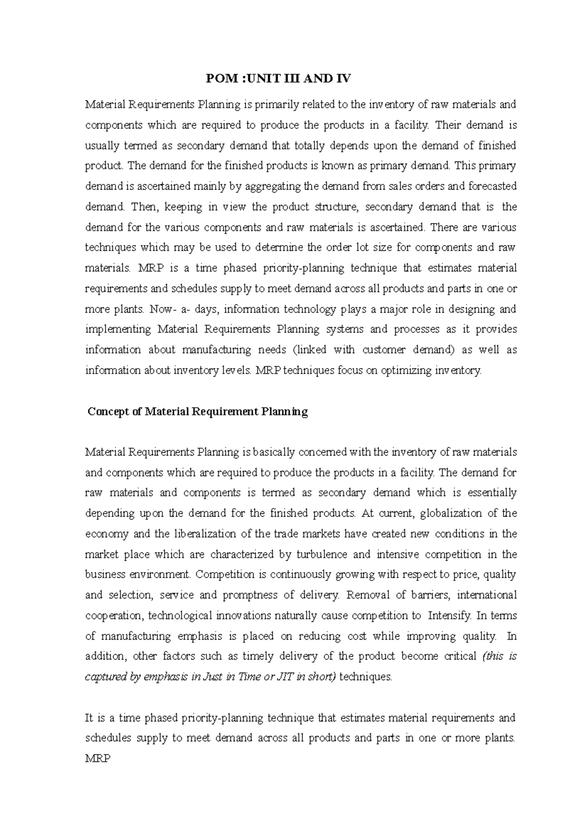 POM UNIT III,IV - mech - POM :UNIT III AND IV Material Requirements ...