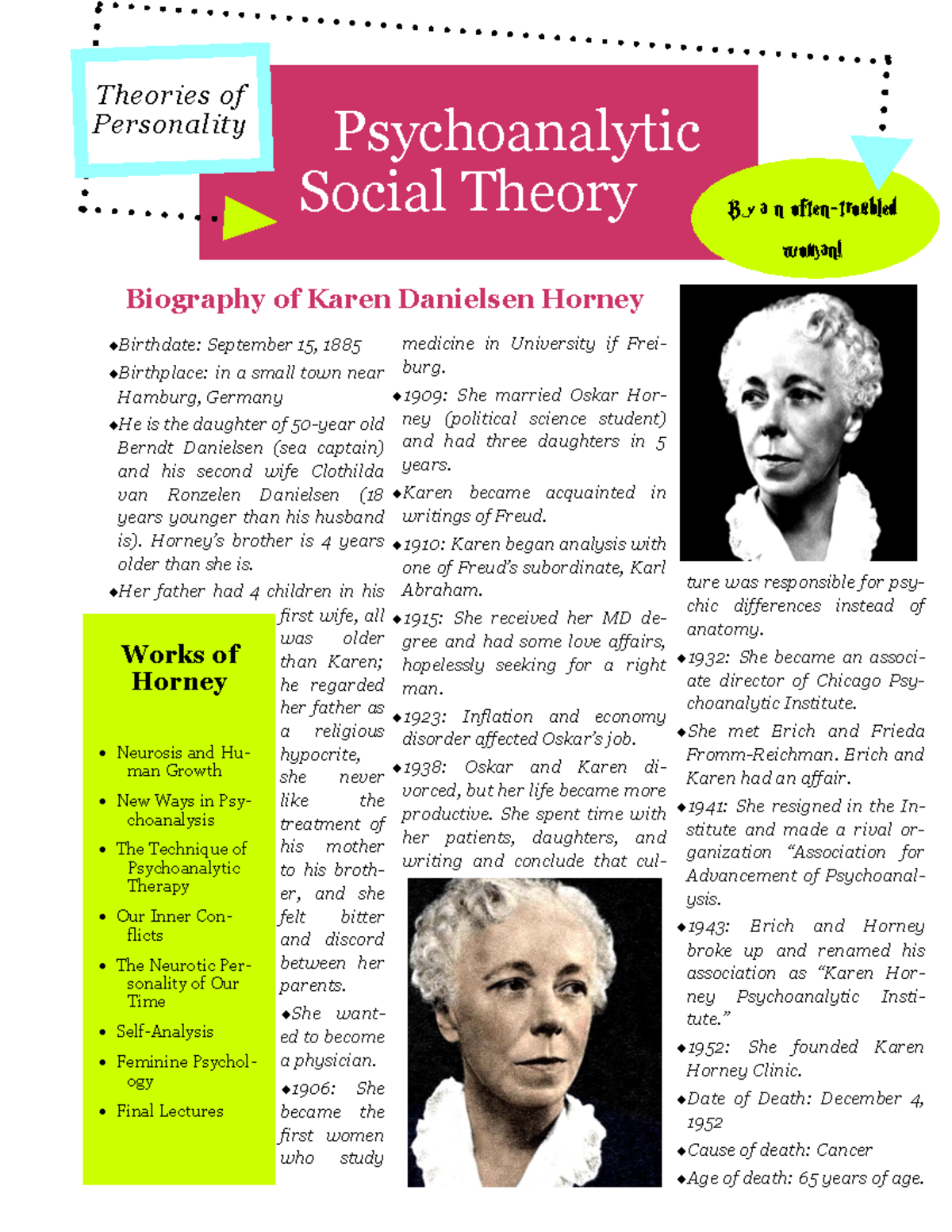 Horney Matrix (Cetron) - Birthdate: September 15, 1885 Birthplace: in a ...