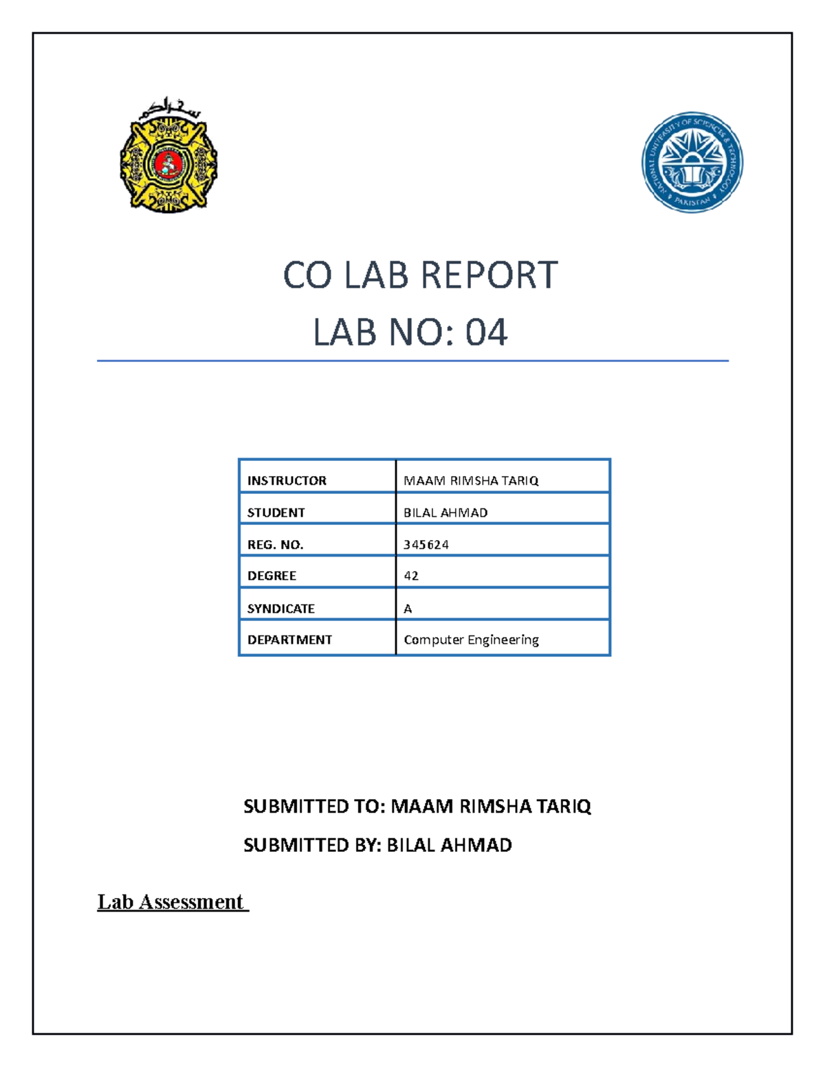 Bilal Ahmad LAB Report # 03 CO-120 Computer Organization - CO LAB REPORT LAB NO: 04 SUBMITTED TO ...
