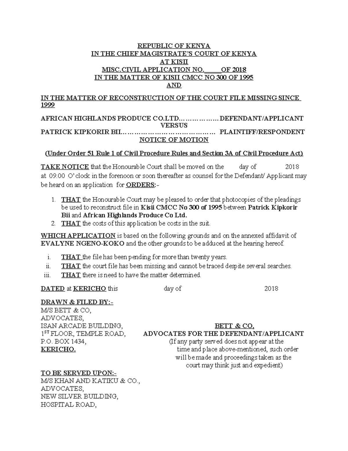 Sample Reconstruction OF FILE Application - REPUBLIC OF KENYA IN THE ...