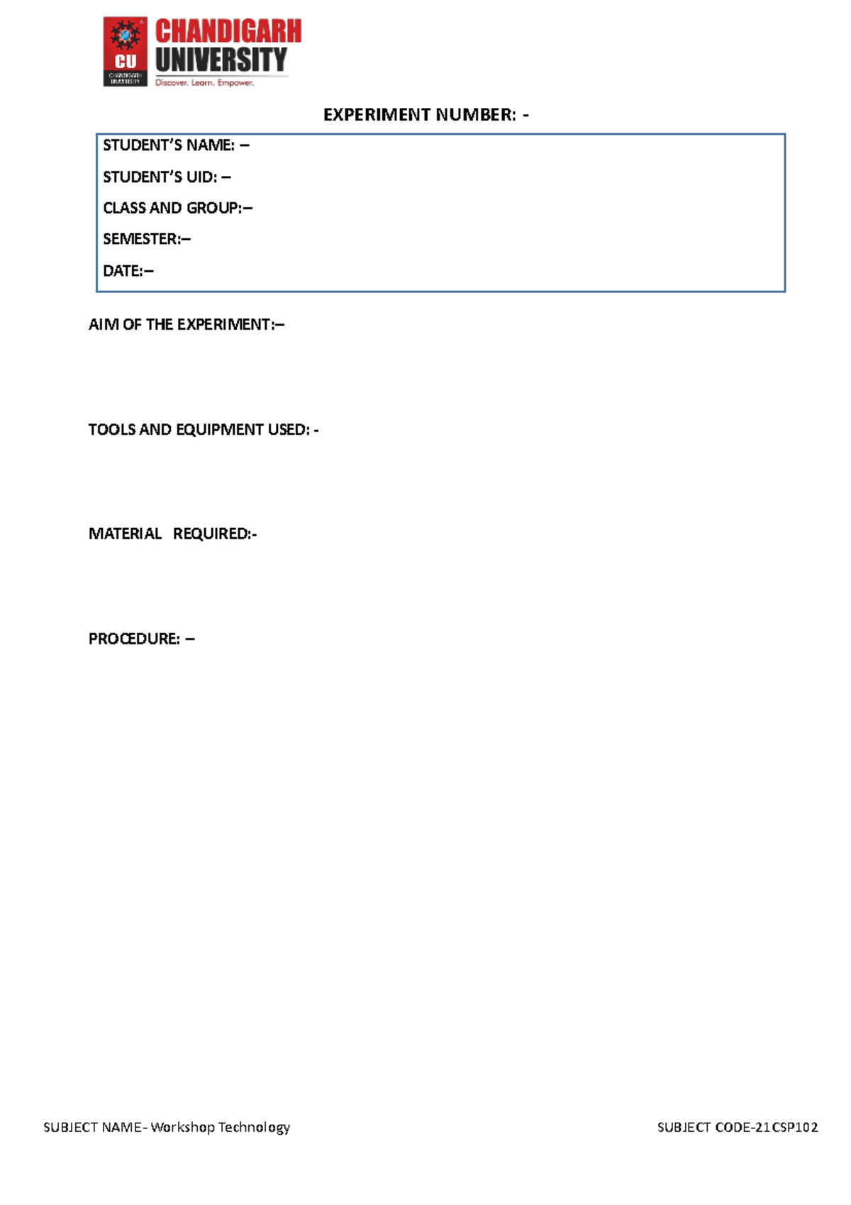 Worksheet Workshop Technology Format Btech Cse Experiment Number Aim Of The Experiment
