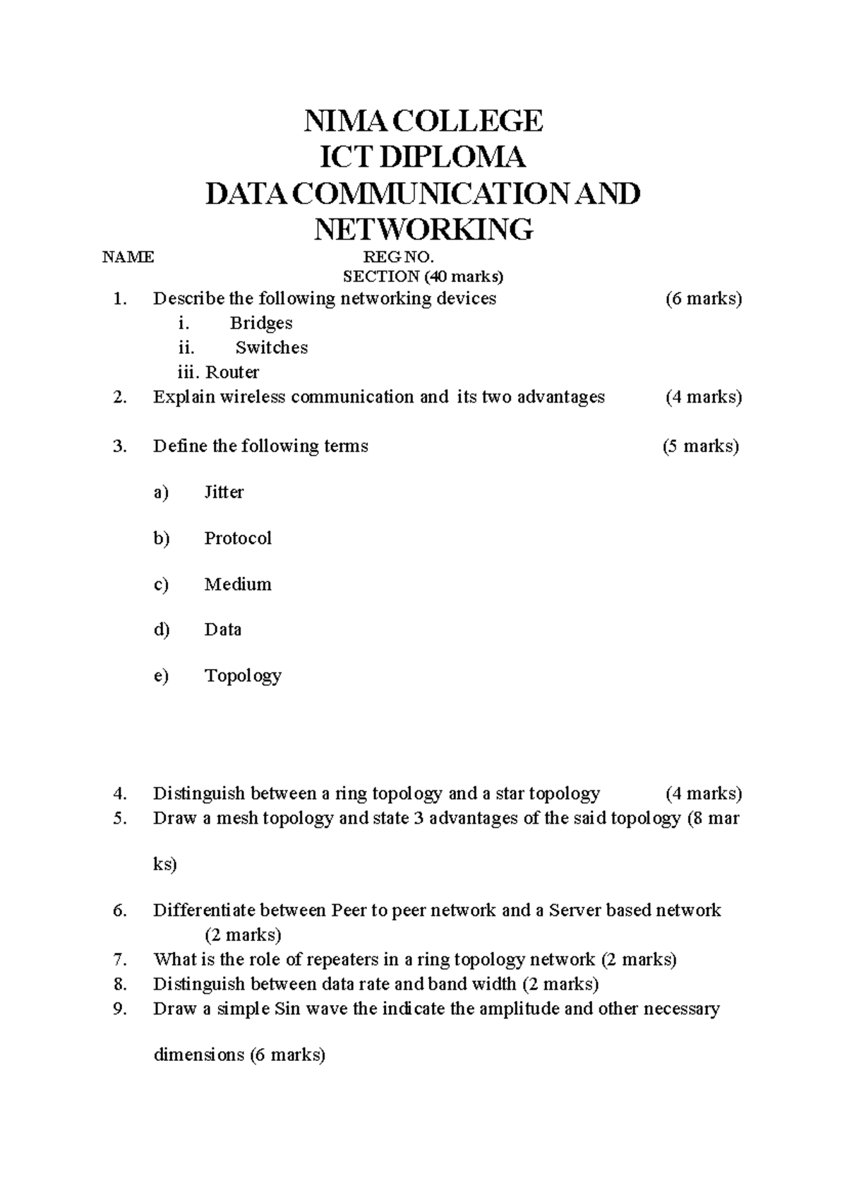 DATA COMM - QUESTIONS ON NETWORKING - NIMA COLLEGE ICT DIPLOMA DATA ...